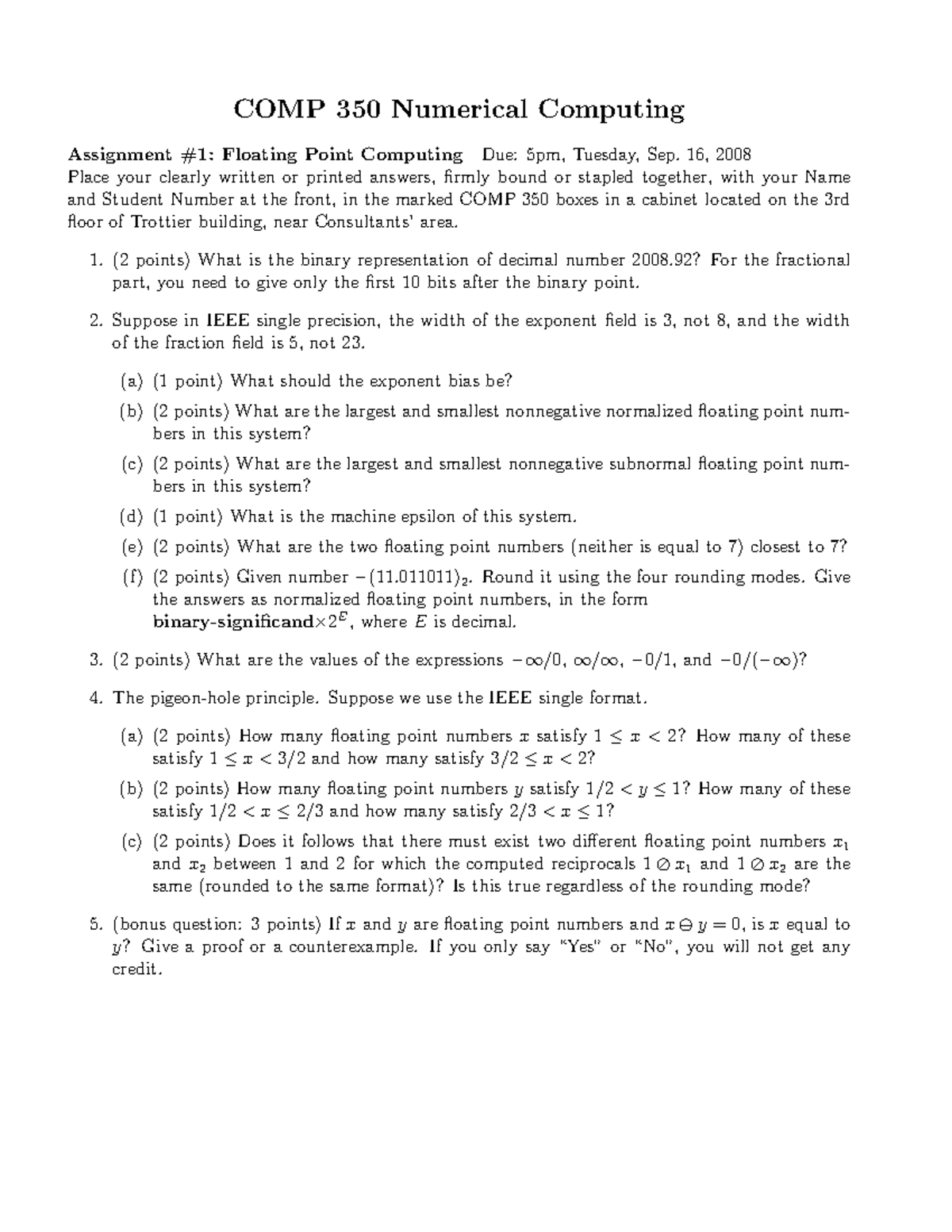 Numerical Computing Assignments Cswk1 Comp 350 Numerical Computing Assignment 1 Floating