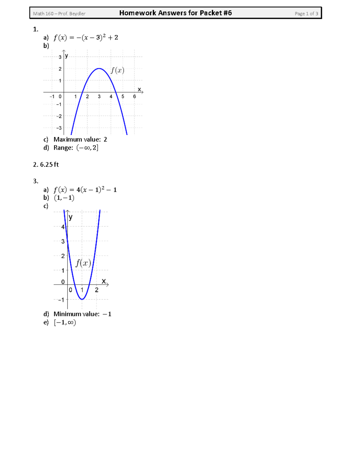 6Homework Answers - anwser key - Math 160 – Prof. Beydler Homework ...