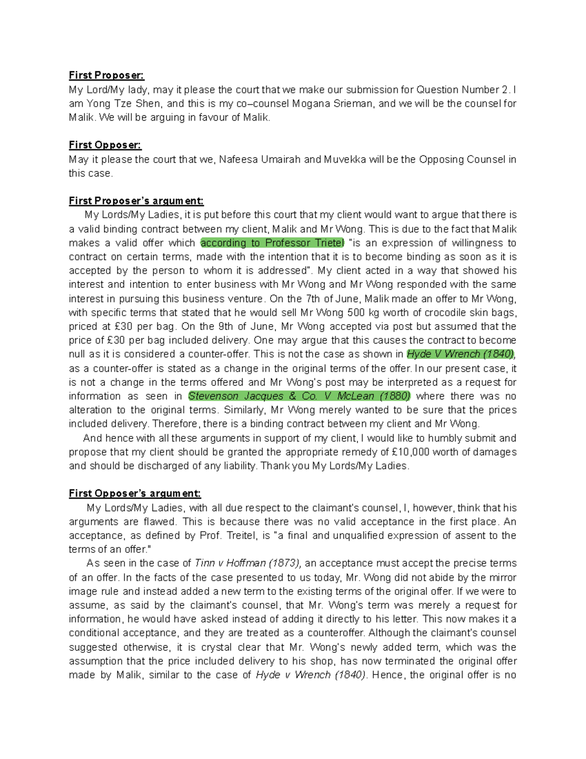Mock Trial Script - First Proposer: My Lord/My lady, may it please the ...