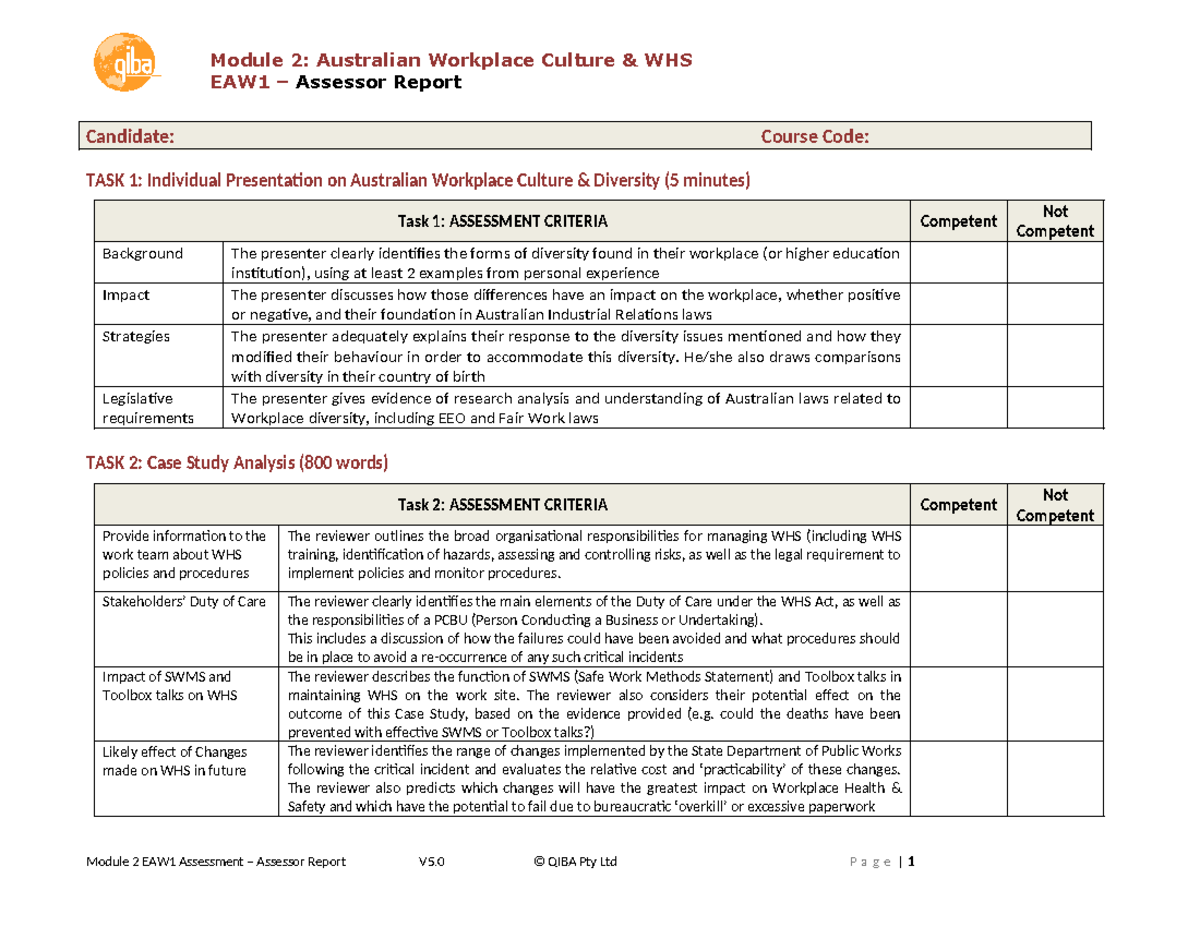 Module 2 EAW1 Assessment - Assessor Report - Module 2: Australian ...
