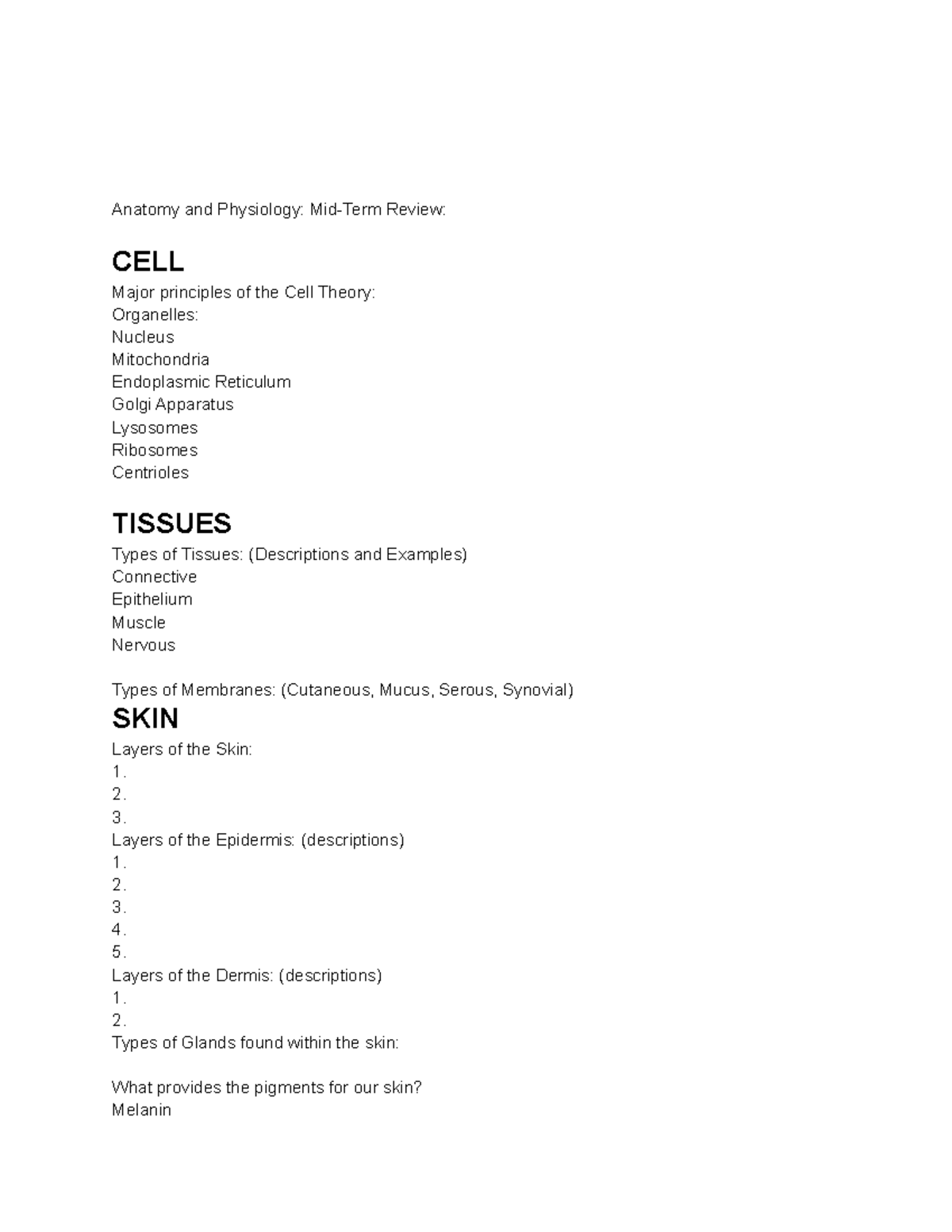 Anatomy and Physiology Mid-Term Review - Anatomy and Physiology: Mid ...