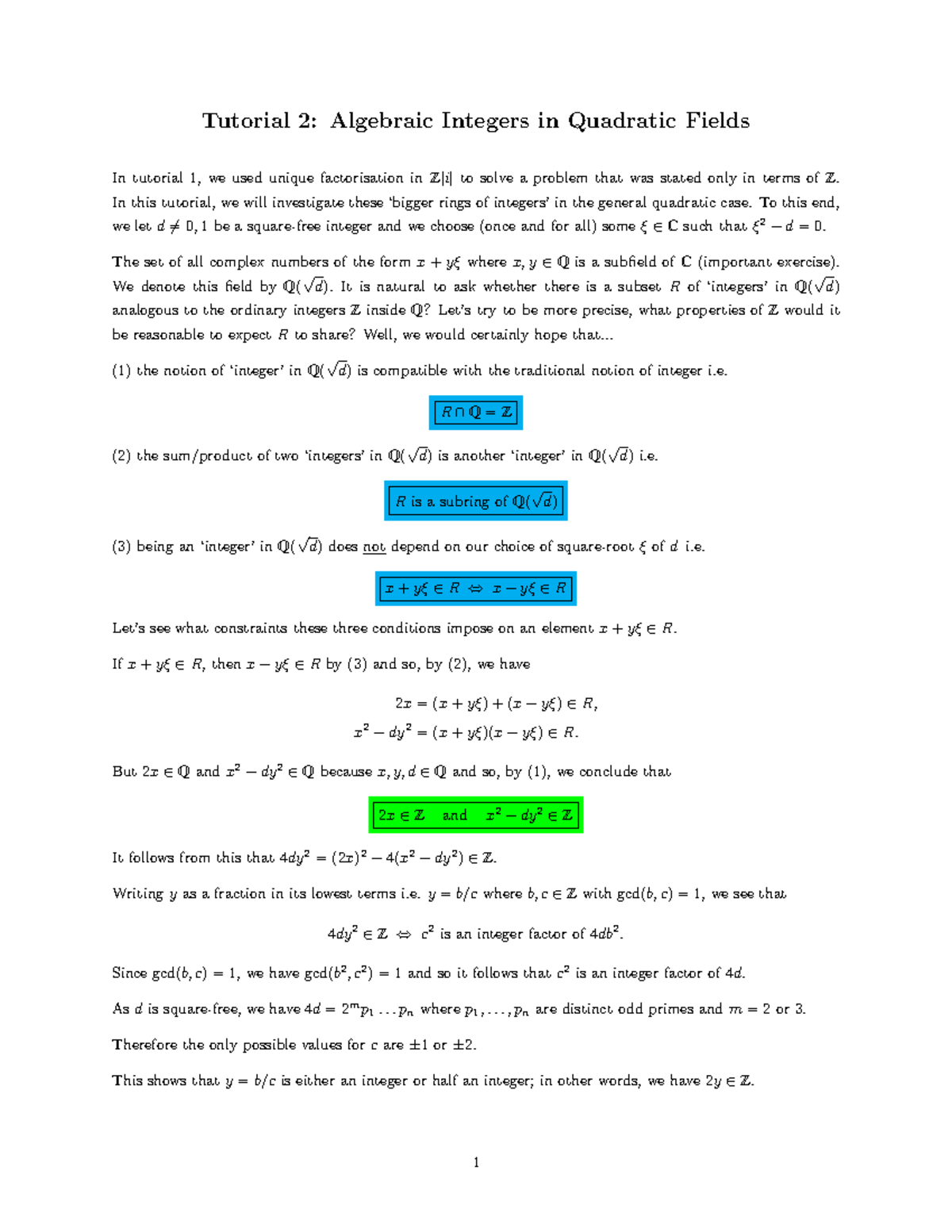 Tutorial 2 Algebraic Integers In Quadratic Fields In This Tutorial We Will Investigate
