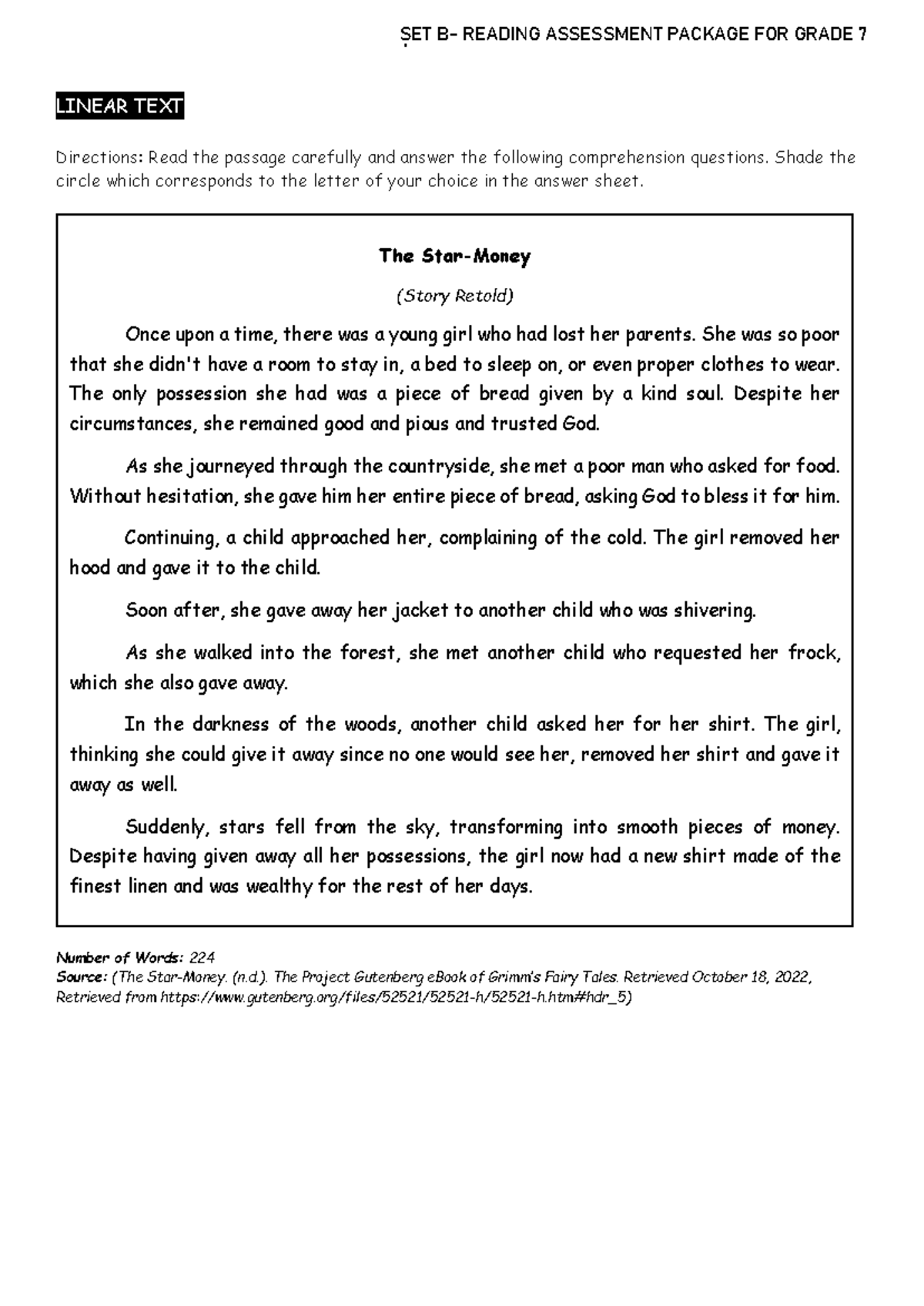 Grade-7-Set-B - LINEAR TEXT Directions: Read the passage carefully and ...