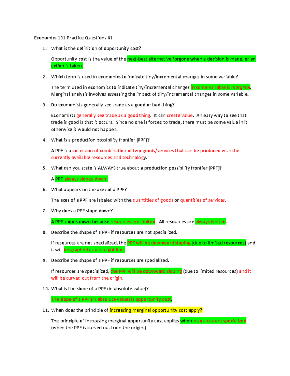 Que from 1-7 - ECON chpt 1-7 notes - Economics 101 Practice Questions ...