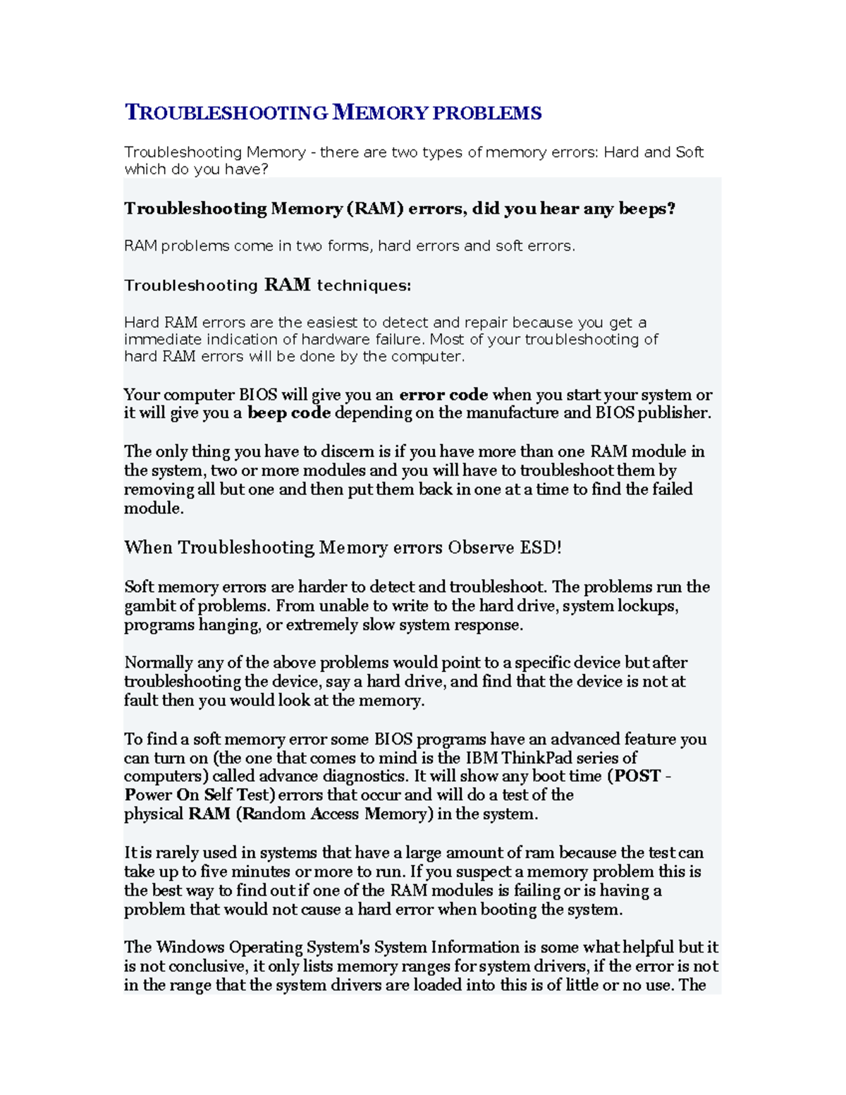 Troubleshooting Memory problems - TROUBLESHOOTING MEMORY PROBLEMS ...