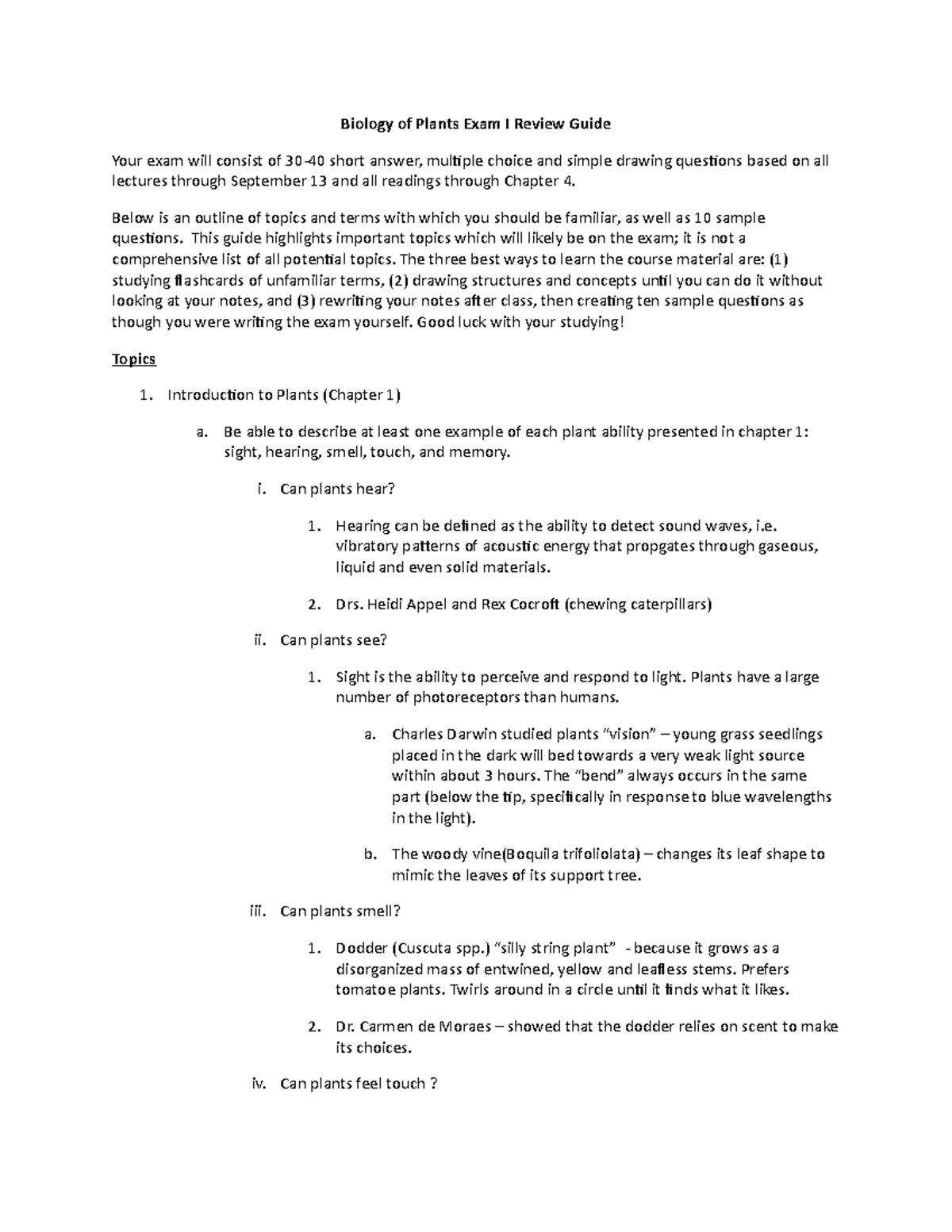 Biology of Plants Exam I Review Guide - Below is an outline of topics ...