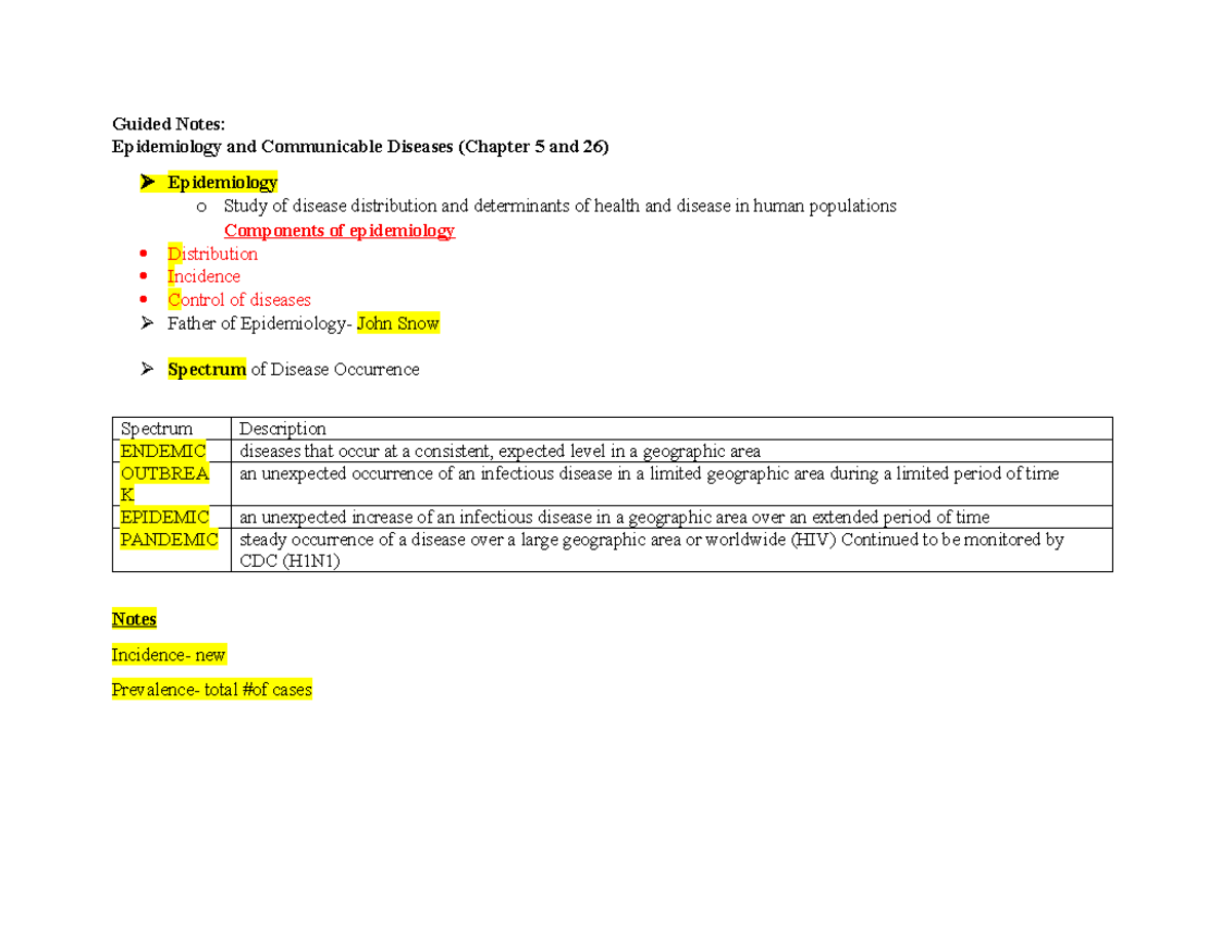 Guided Notes wk 2 Epidemiology and Communicable Diseases student ...