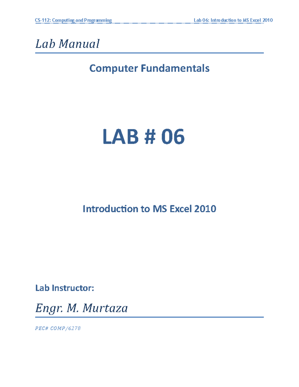 Lab 6 - Introduction to MS Excel 2010 - Lab Manual Computer ...