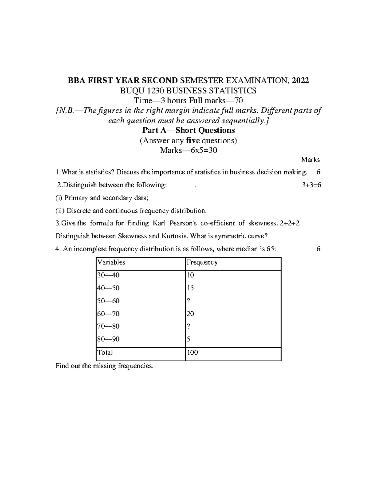 Business Statistics practice exam - BBA FIRST YEAR SECOND SEMESTER ...