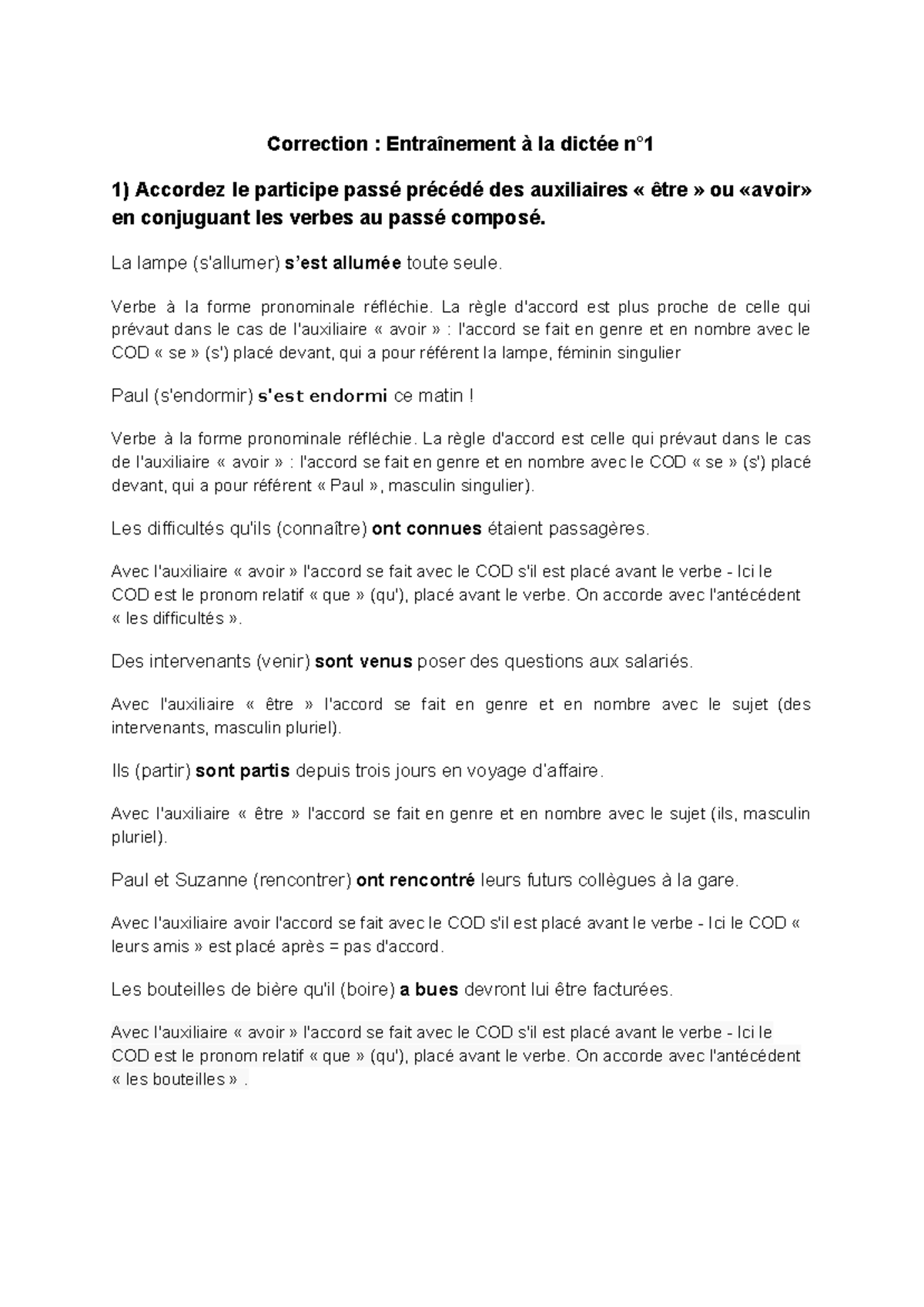 Correction entraînement dictée 1 - Correction : Entraînement à la ...