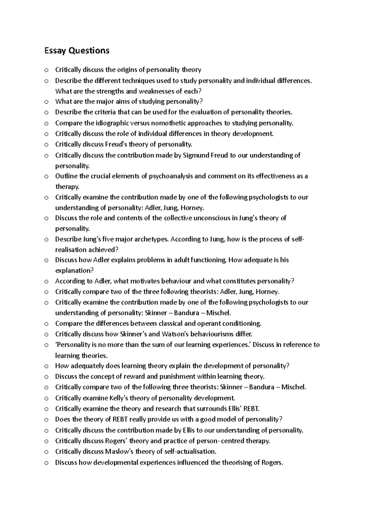 Final exam sample essay questions - Essay Questions o Critically ...