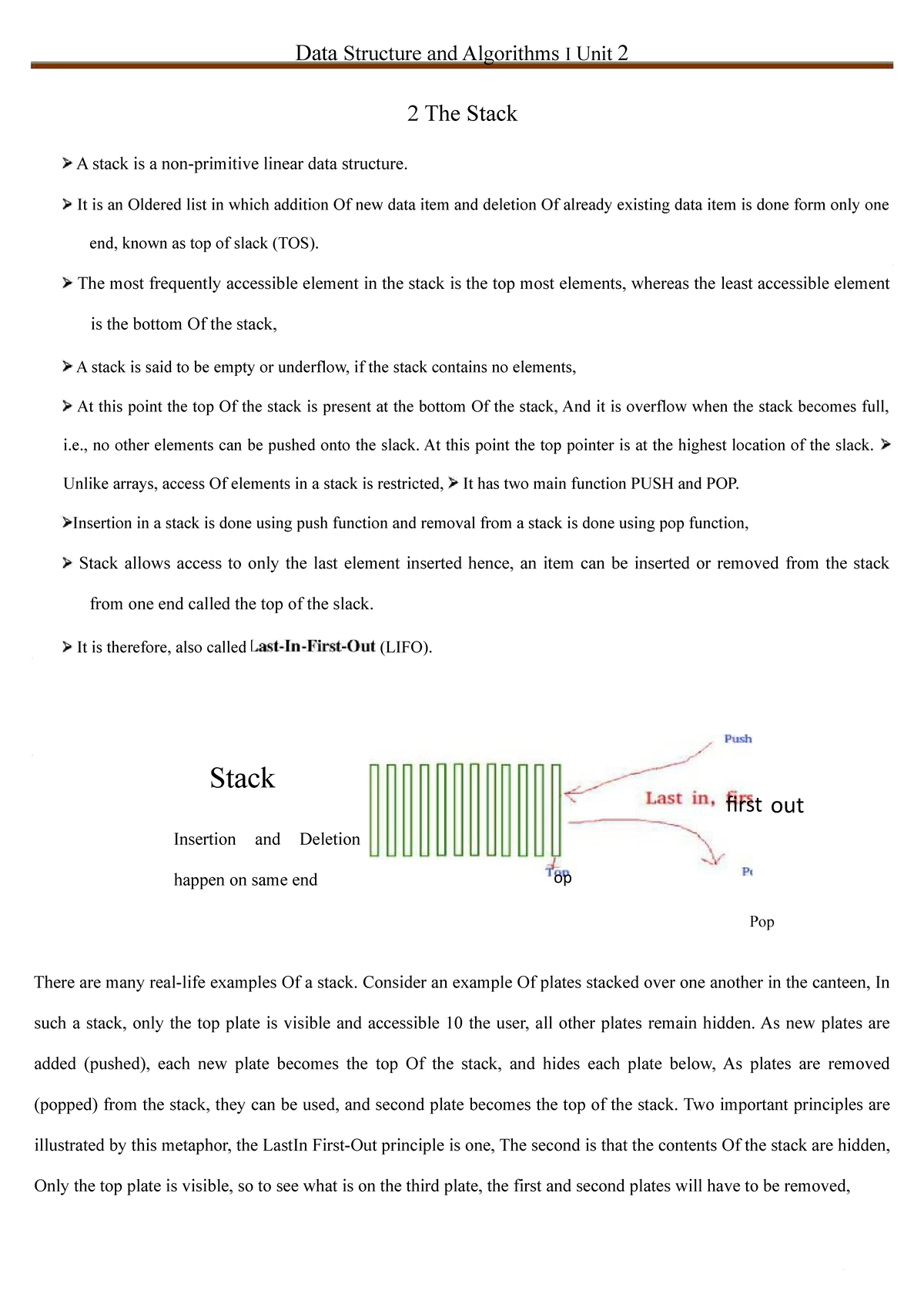 DSA Unit 2 Lecture Notes - 2 The Stack A stack is a non-primitive ...