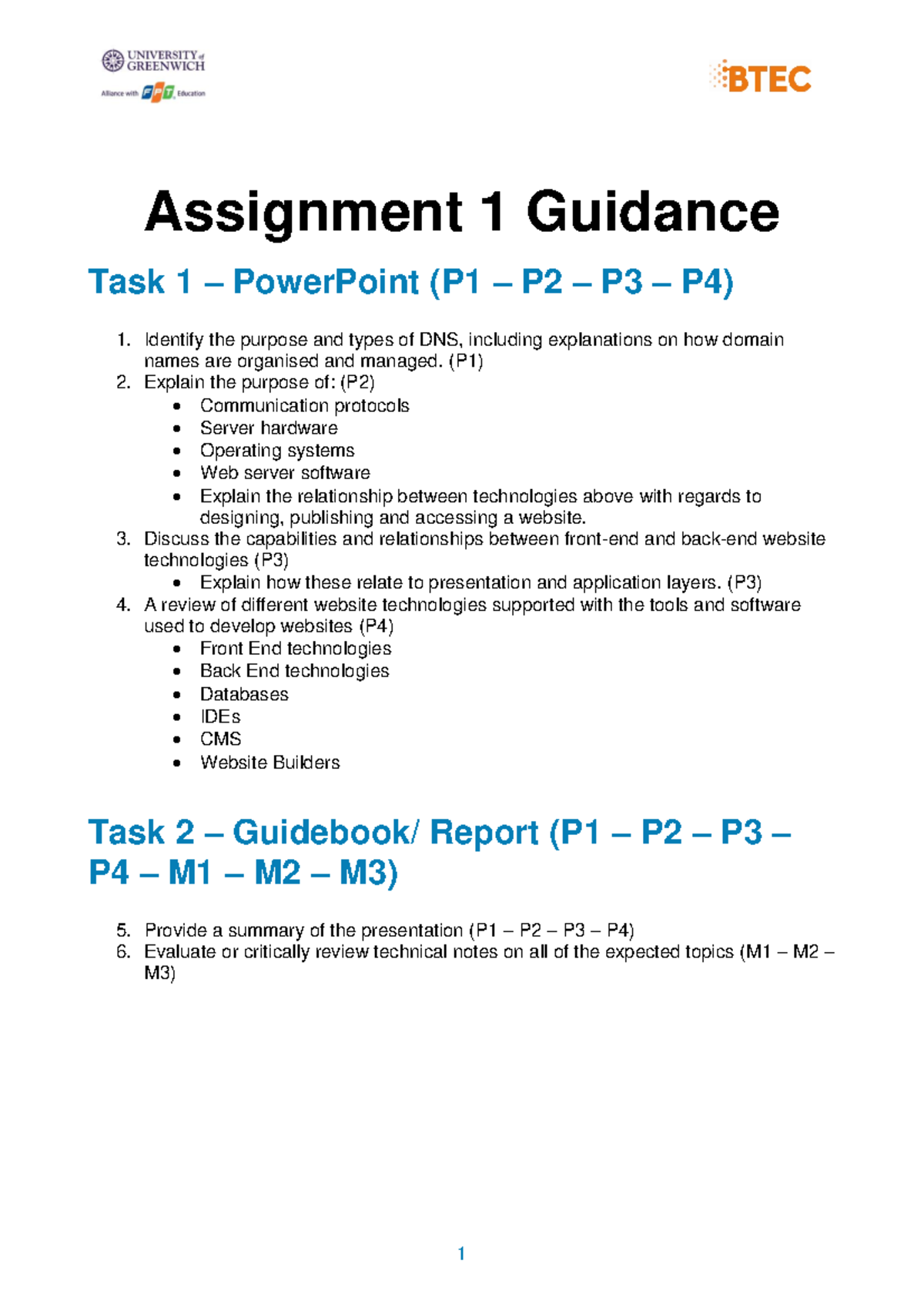 Unit 10.Assignment 1 Guidance - 1 Assignment 1 Guidance Task 1 – PowerPoint (P1 – P2 – P3 – P4 ...