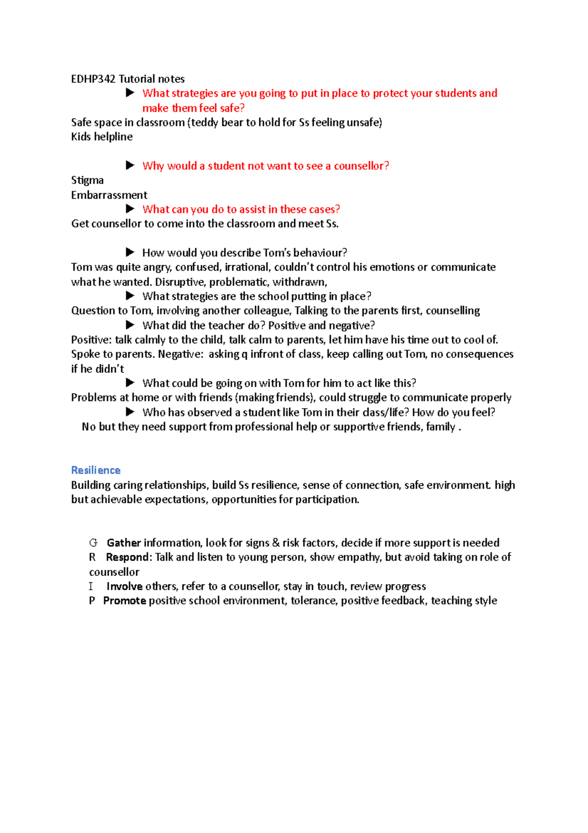 EDHP342 Tutorial notes - u How would you describe Tom’s behaviour? Tom ...