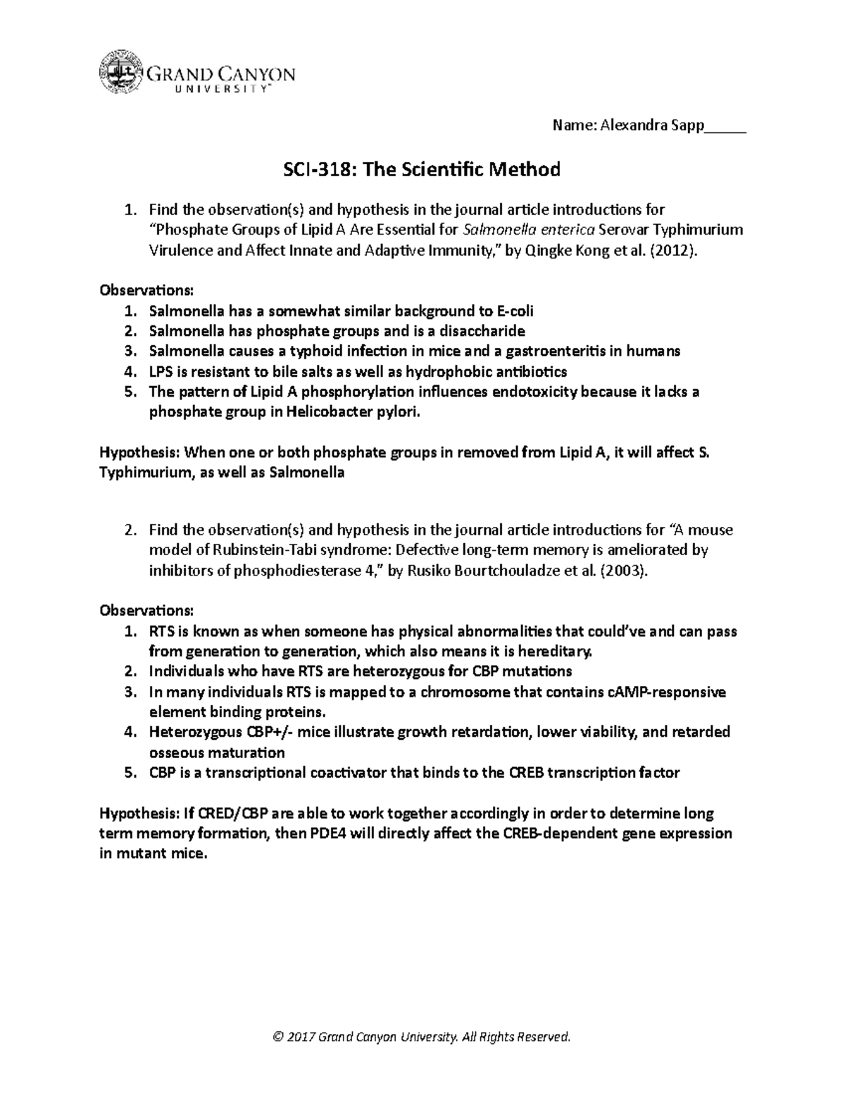 SCI 318 RS Scientific Method Worksheet - Name: Alexandra Sapp_____ SCI ...