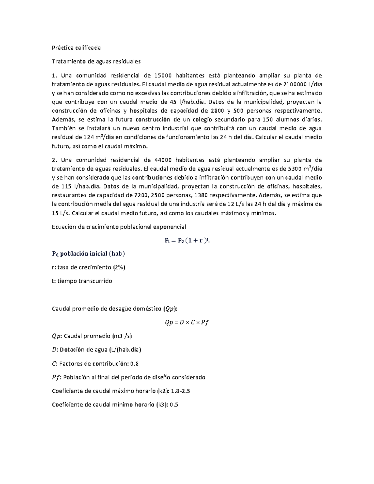 Práctica calificada - practica - Pr·ctica calificada Tratamiento de aguas residuales Una ...