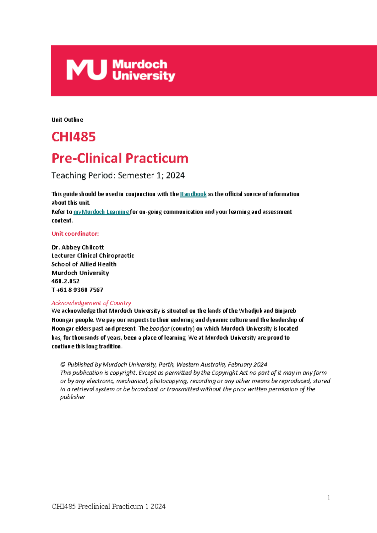 unit guide 2024 for pre clinical practum - 1 Unit Outline CHI Pre ...