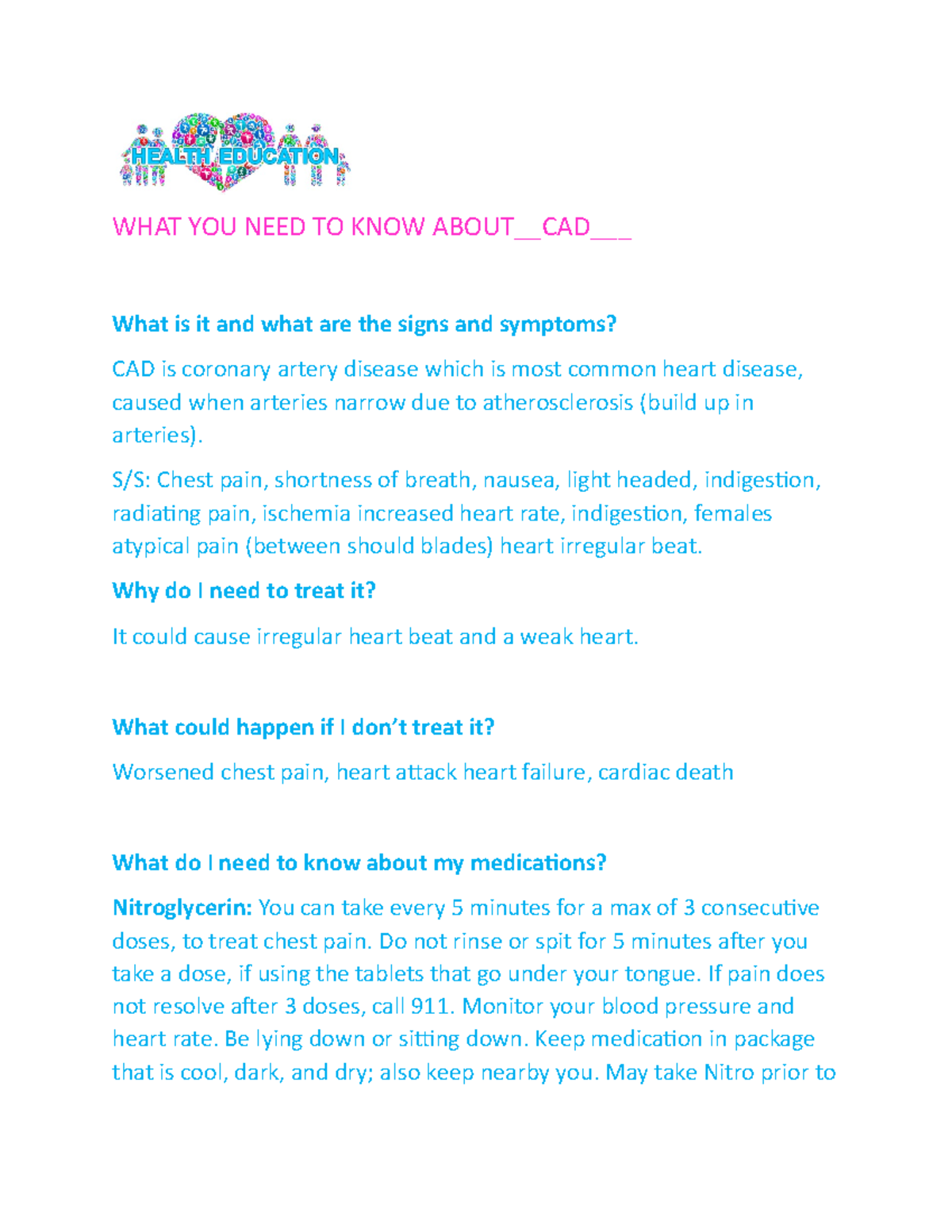 CAD Patient Education Form - WHAT YOU NEED TO KNOW ABOUT__CAD___ What ...