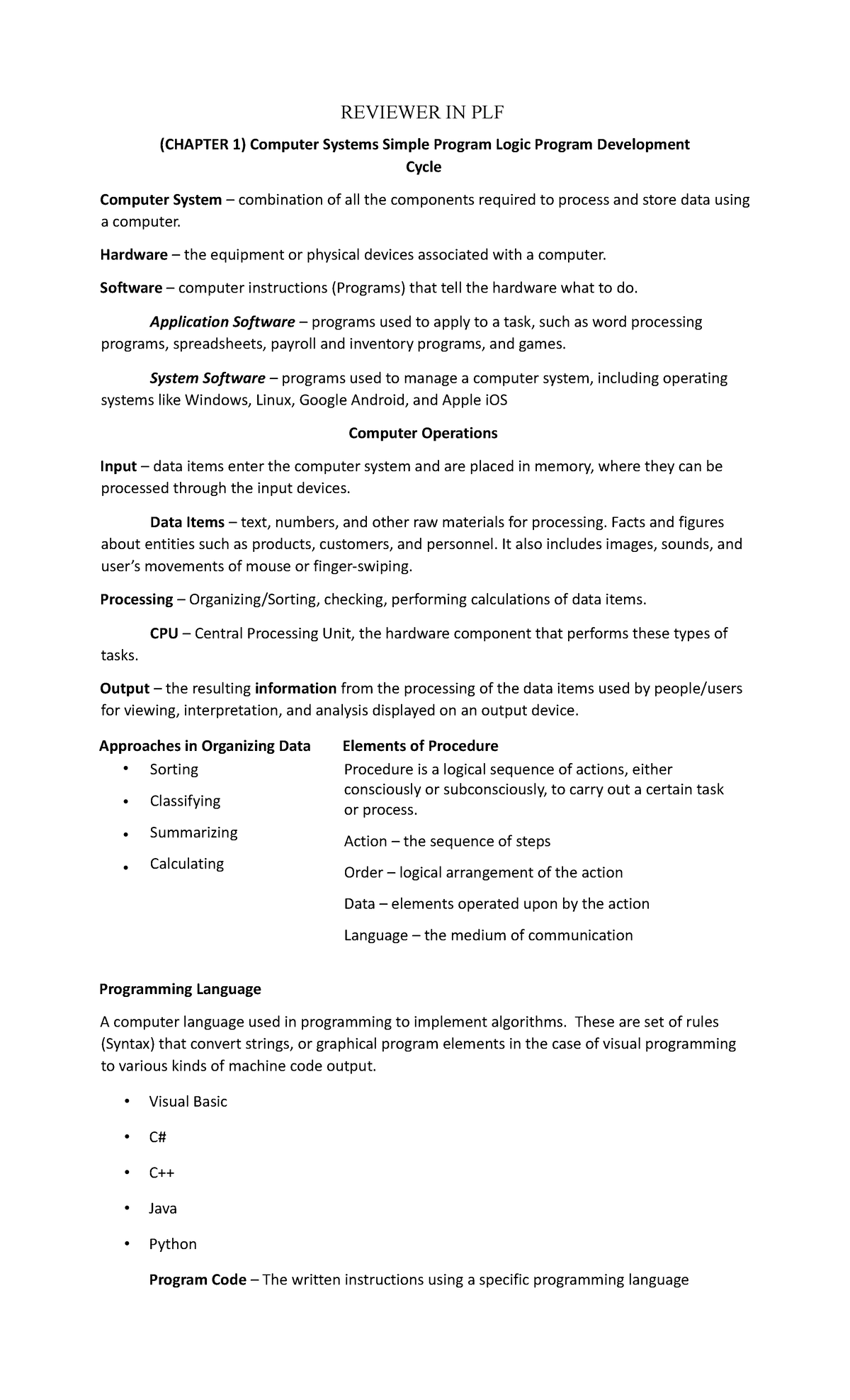 Reviewer sa plf - REVIEWER IN PLF ####### (CHAPTER 1) Computer Systems Simple Program Logic ...