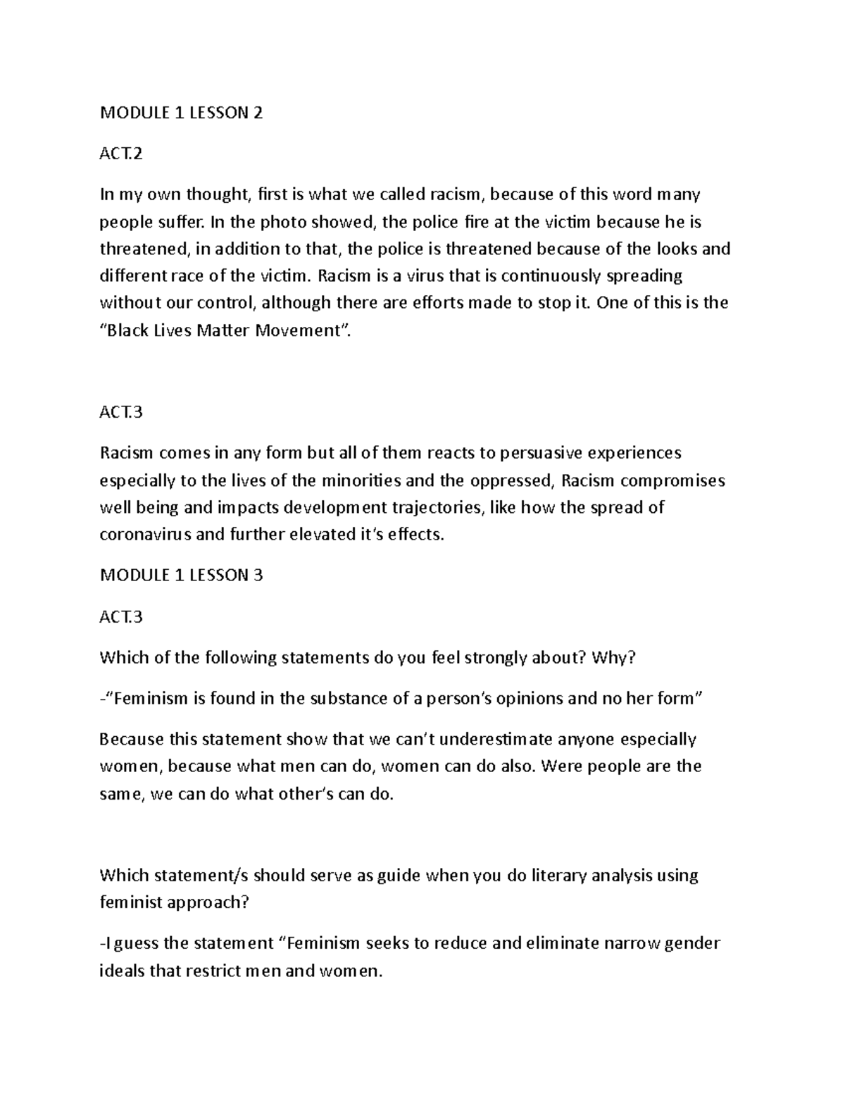 Module 1 Lesson 2 & 3 - MODULE 1 LESSON 2 ACT. In my own thought, first ...