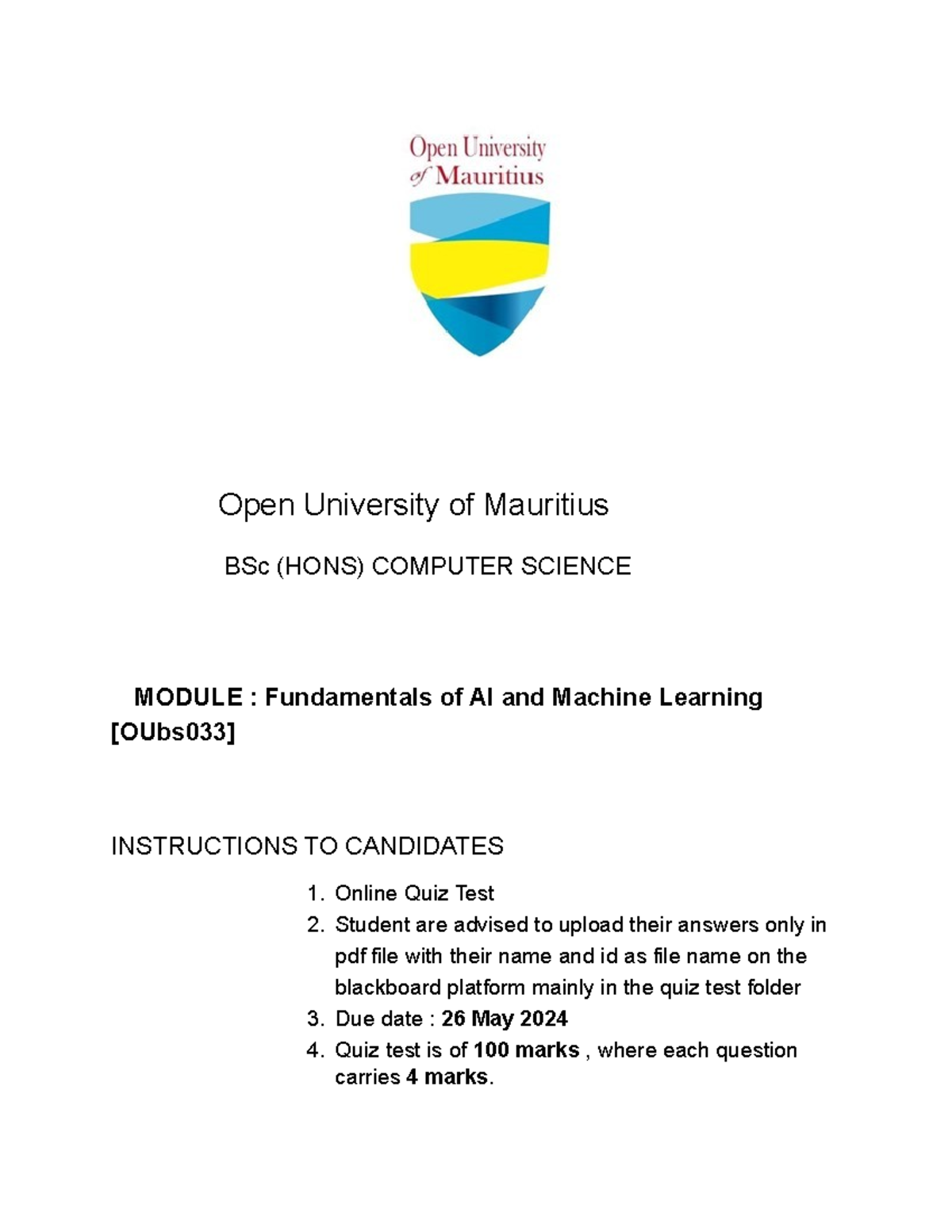 Quiz Test OUM OUbs033 - jdhdhdfbdh - Open University of Mauritius BSc ...