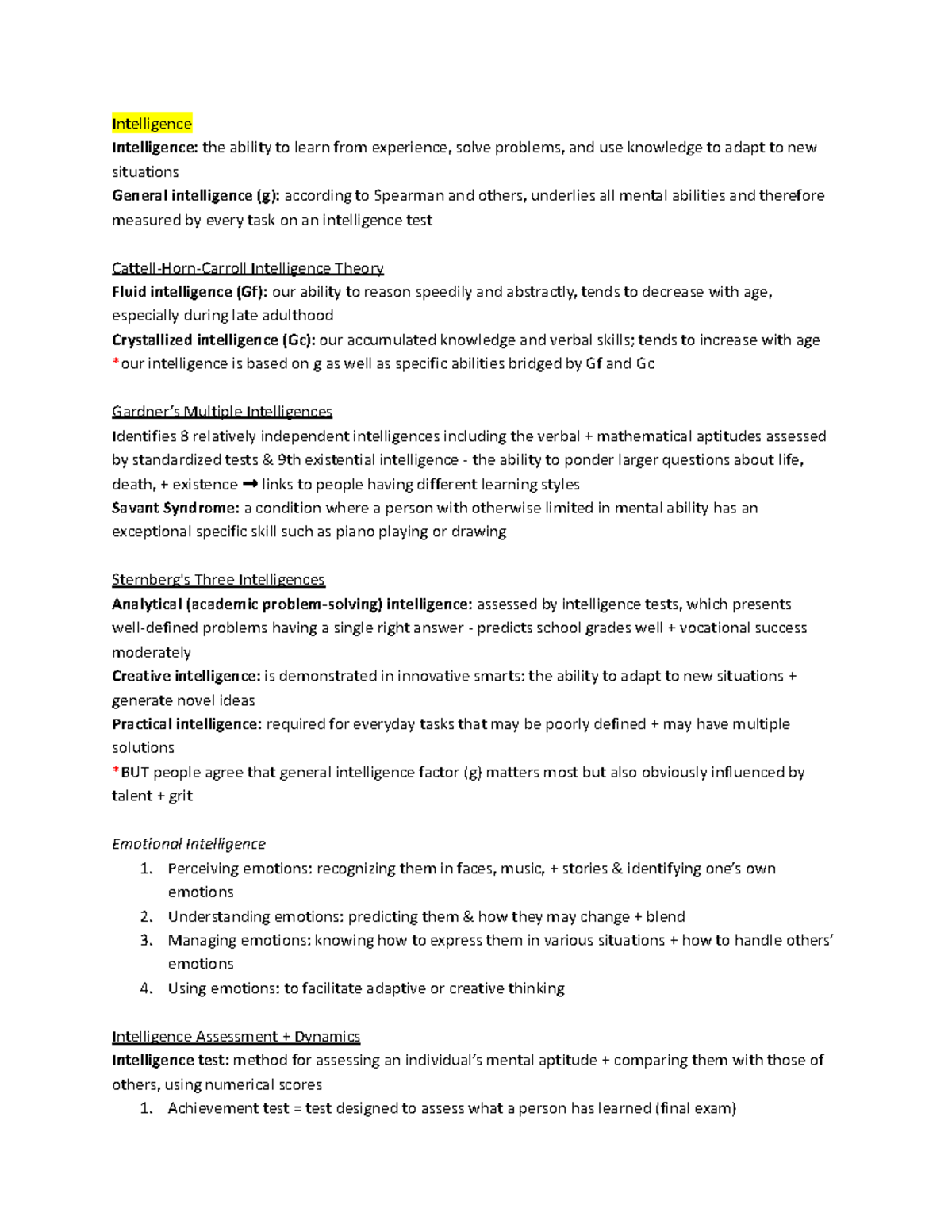 Exam 3 study guide - Intelligence Intelligence: the ability to learn ...