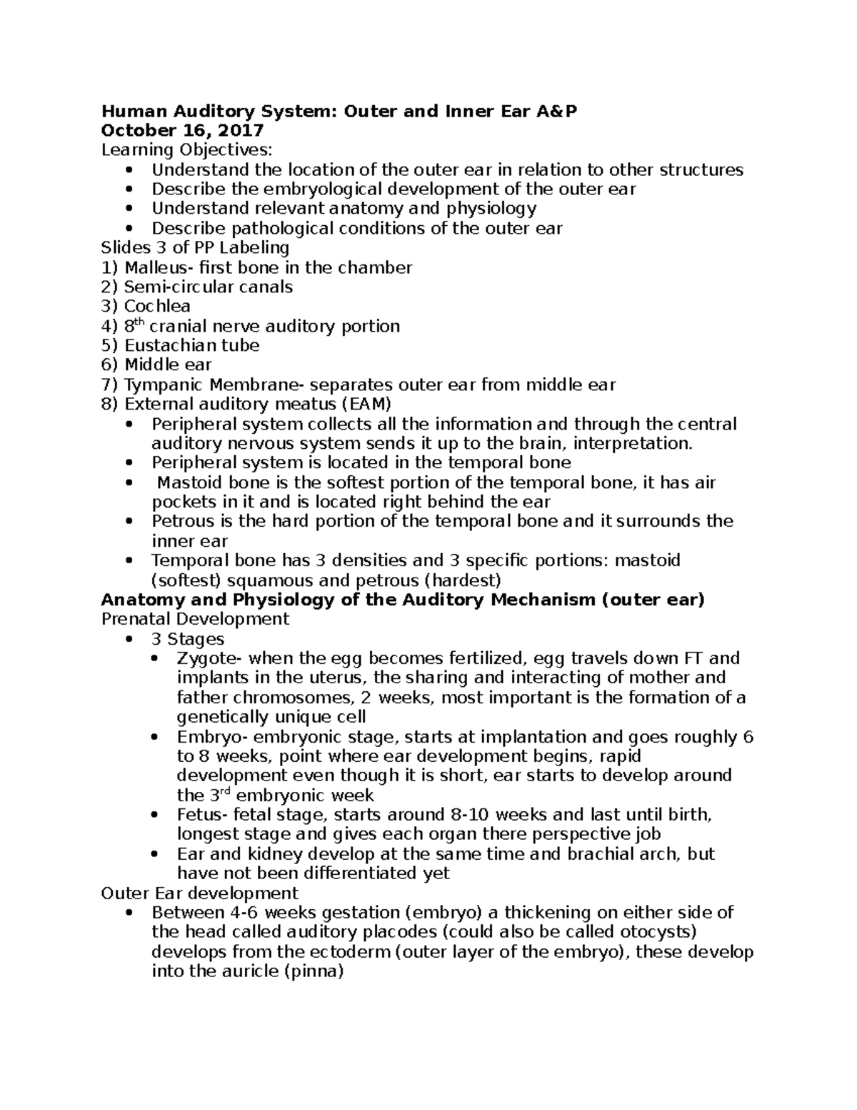 Human Auditory System - Class Notes - Human Auditory System: Outer and ...