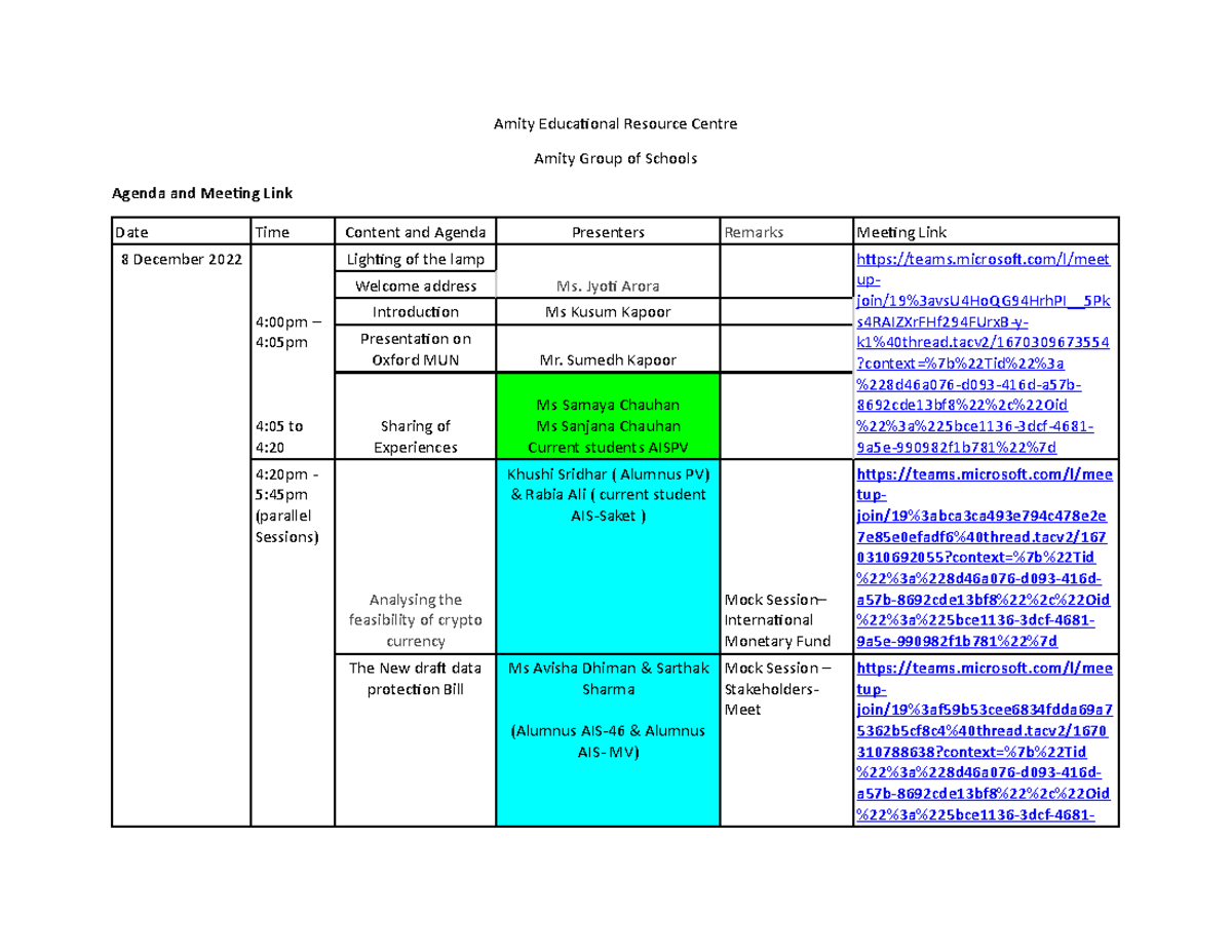Notes - Amity Educational Resource Centre Amity Group of Schools Agenda ...