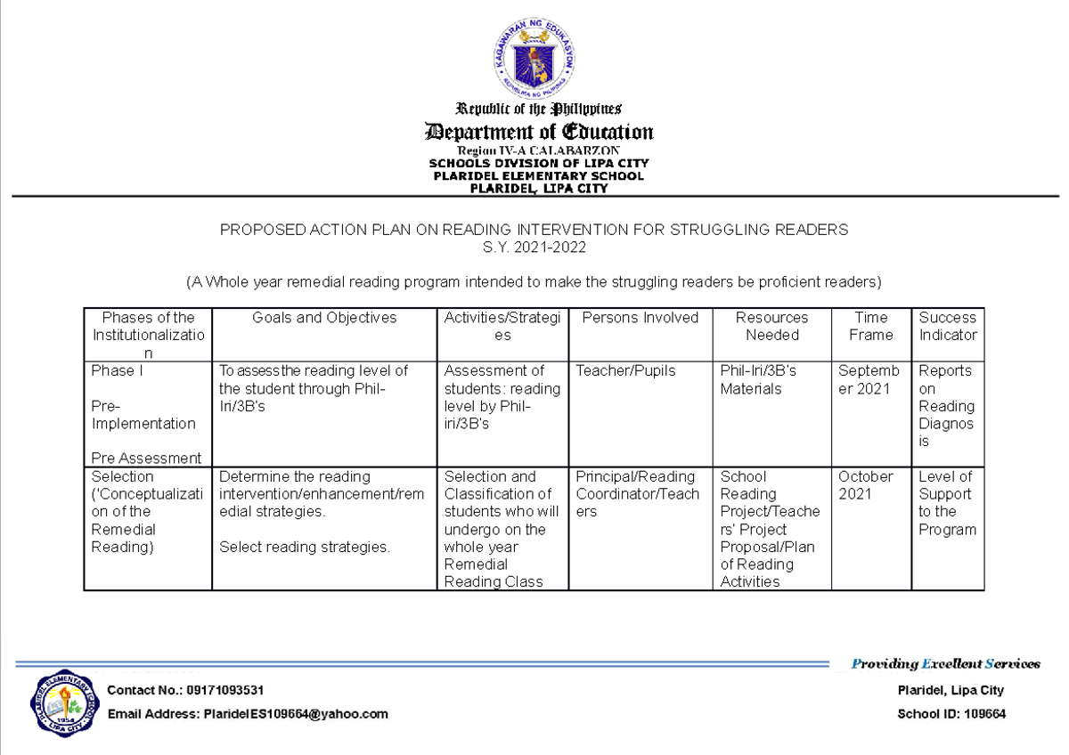 Proposed Action Plan Reading 2021 2022 2 2 - PROPOSED ACTION PLAN ON ...