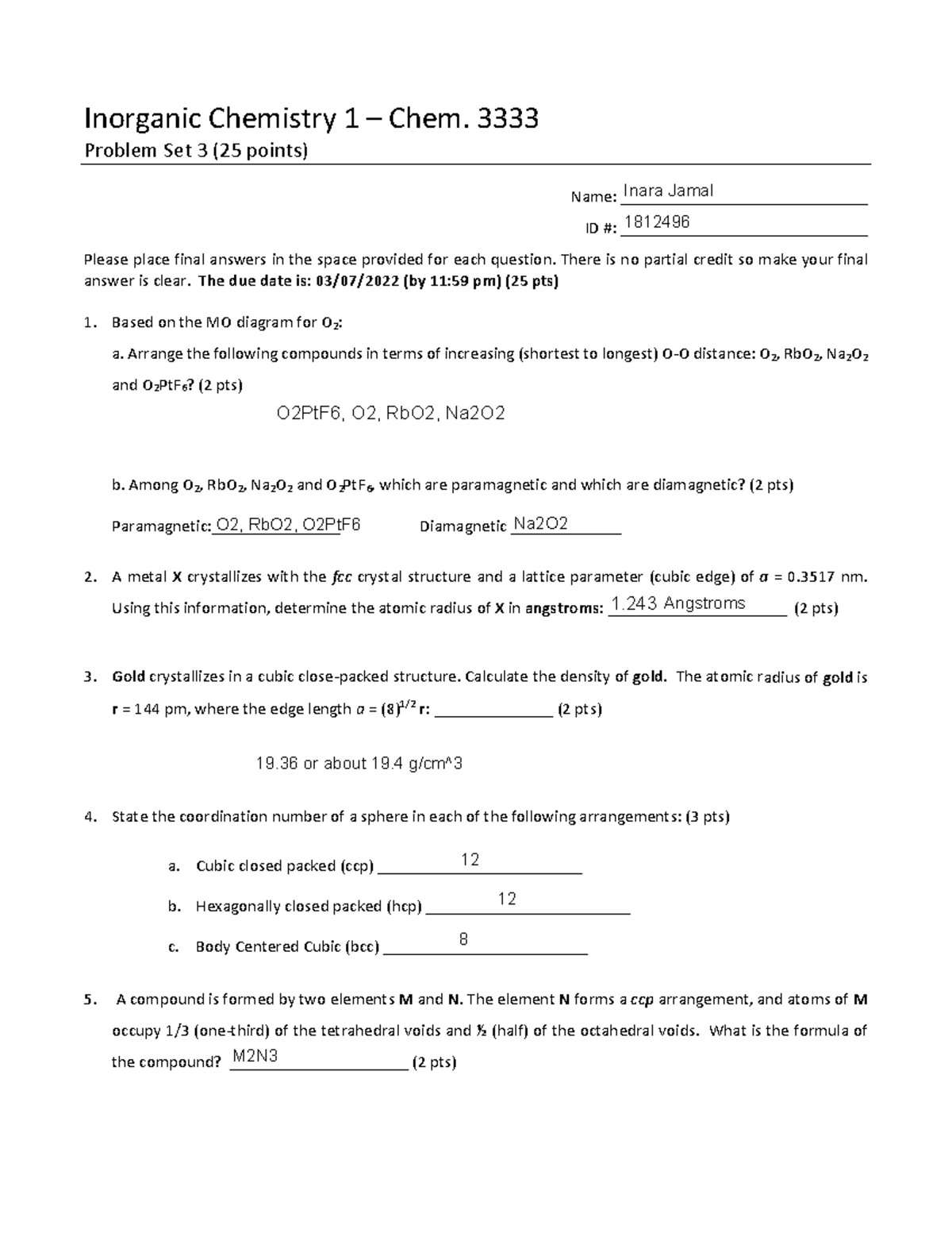 3333 Spring 2022 HW 3 - Inorganic Chemistry 1 – Chem. 3333 Problem Set ...