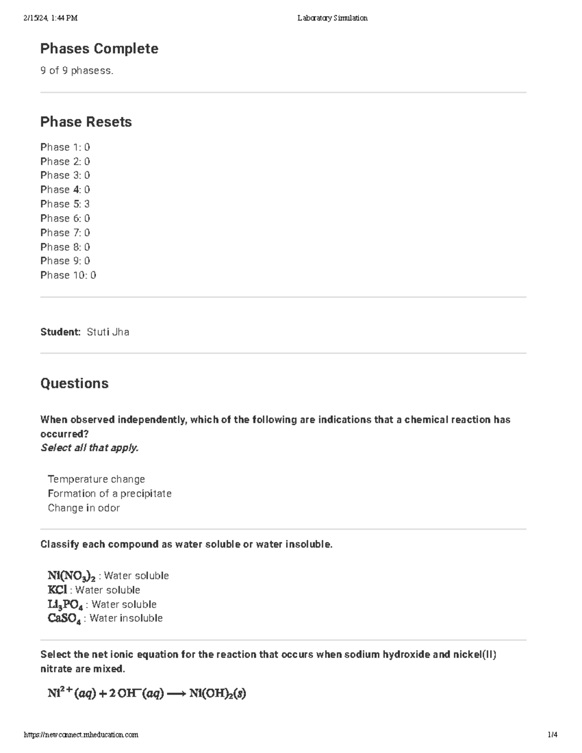 Reactions in Solution - lab - Phases Complete 9 of 9 phasess. Phase ...