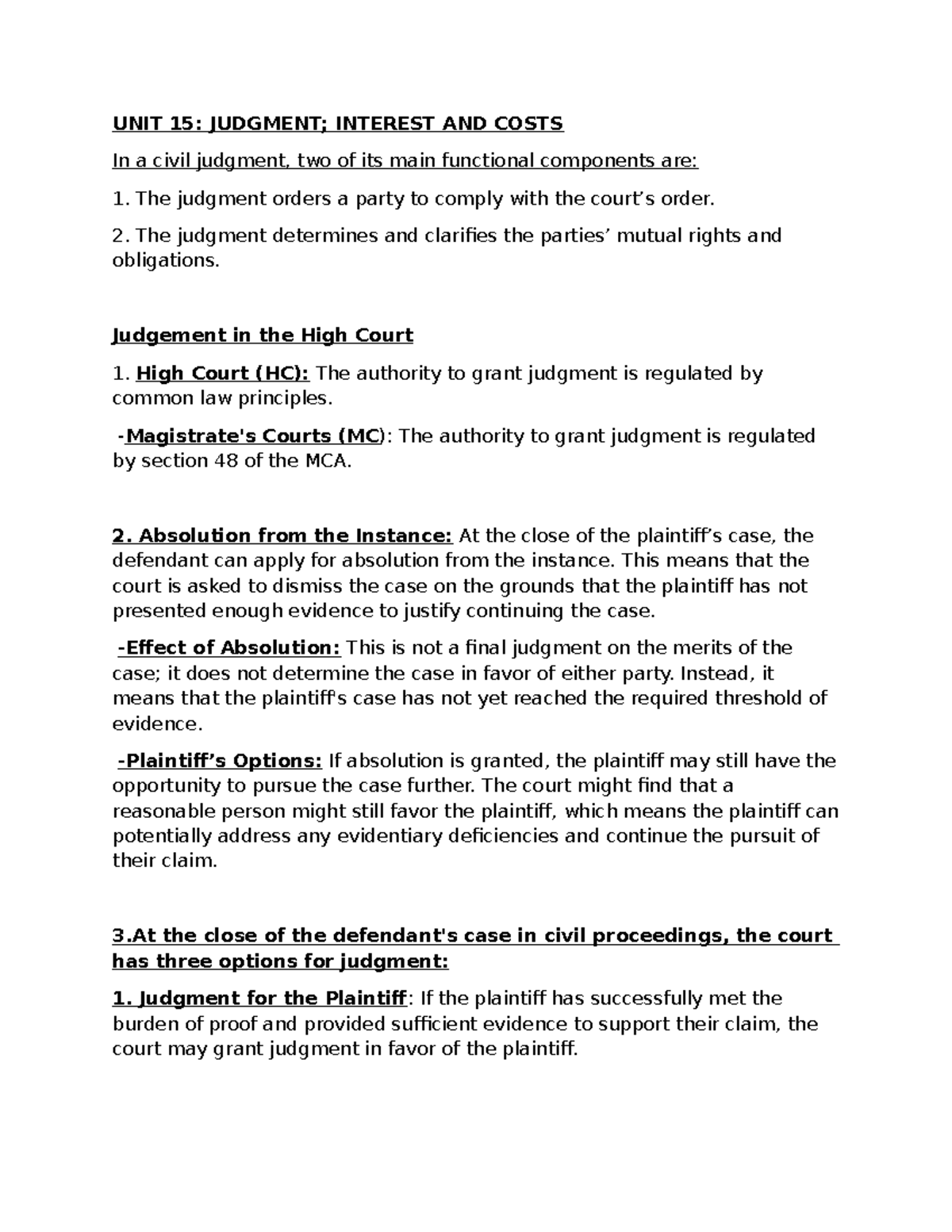 UNIT 15 - summary notes - UNIT 15: JUDGMENT; INTEREST AND COSTS In a ...
