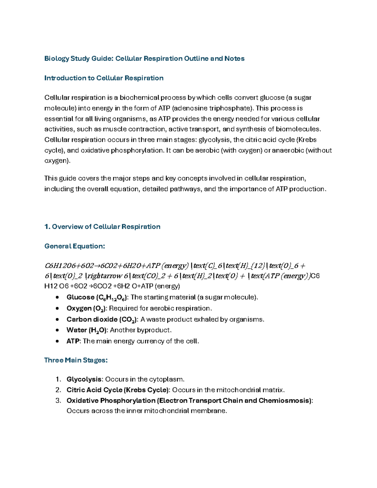 Biology Study Guide - Cellular Respiration Outline and Notes - Biology ...