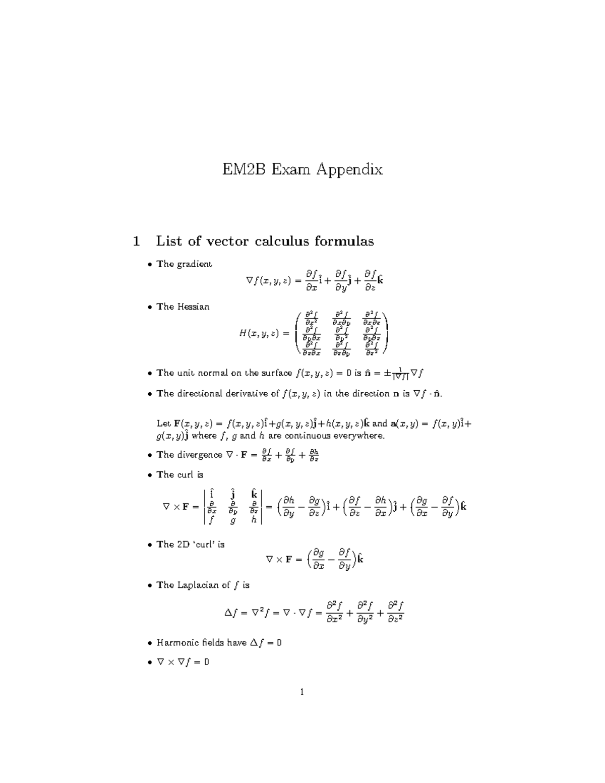 EM2B Exam Appendix - EM2B Exam Appendix 1 List of vector calculus formulas The gradient ∇f (x, y ...