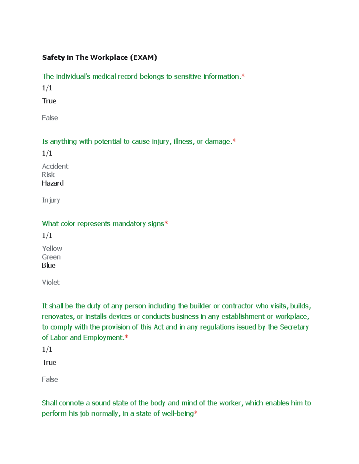 Safety in The Workplace Exam - Safety in The Workplace (EXAM) The ...