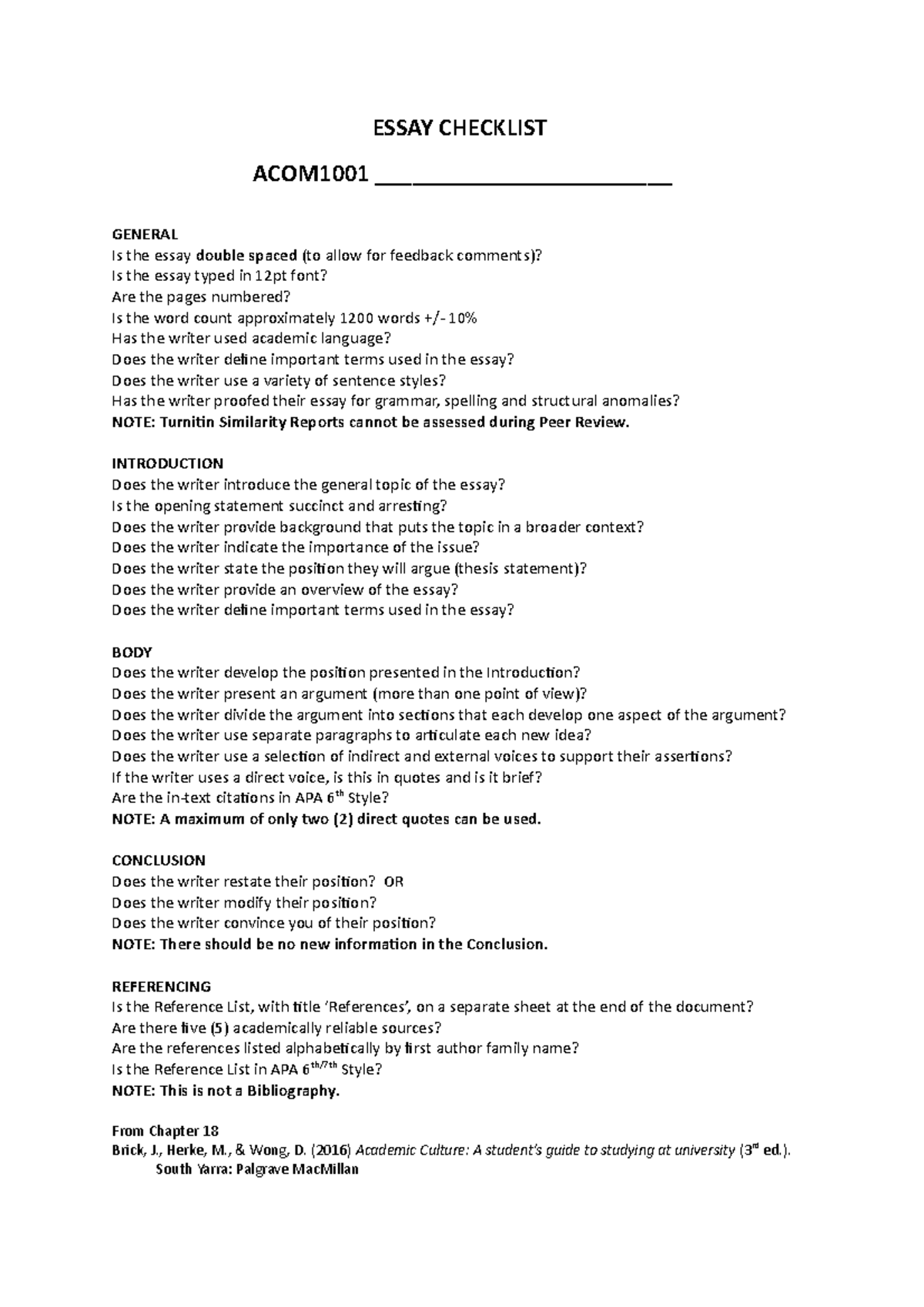 ACOM1001 Essay Checklist - ESSAY CHECKLIST ACOM1001 ...