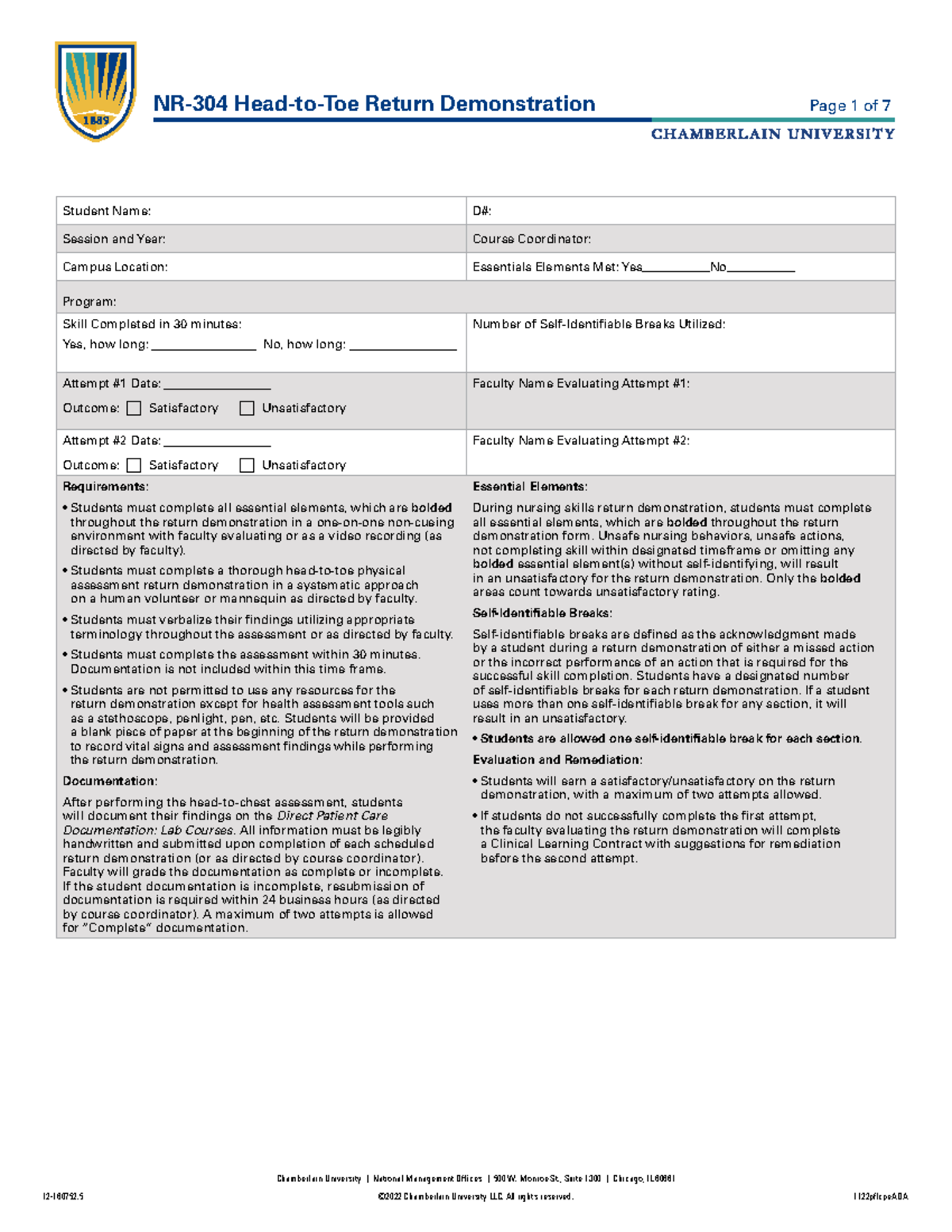 NR304 Head-to-Toe Return Demonstration Form Jan 2023 - Chamberlain ...