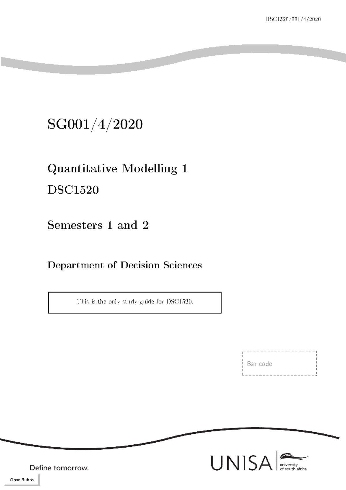 DSC1520 2022 SG - Study guide for aui2601 - SG001/4/ Bar code Open ...