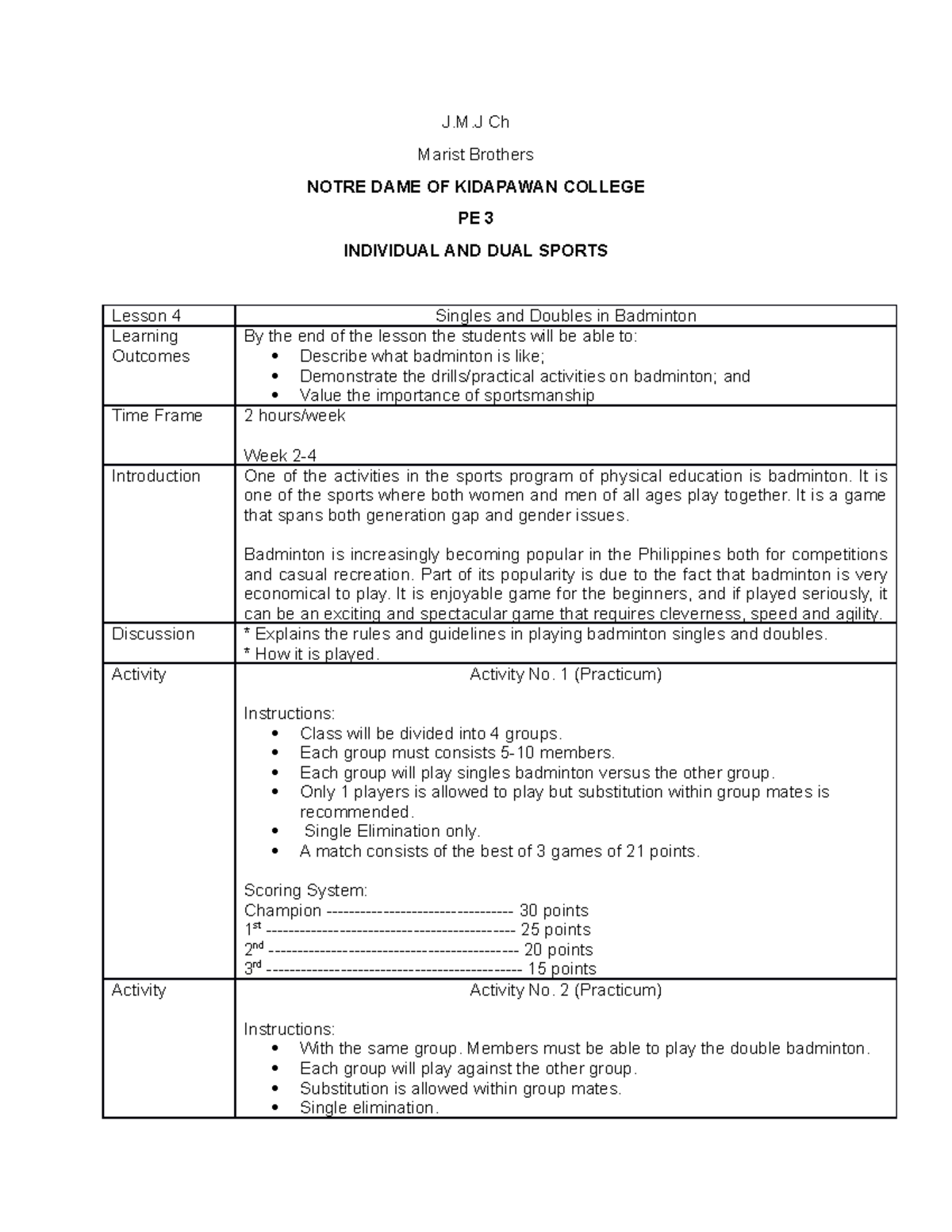 Lesson 4 - Singles and Doubles Badminton - J.M Ch Marist Brothers NOTRE ...