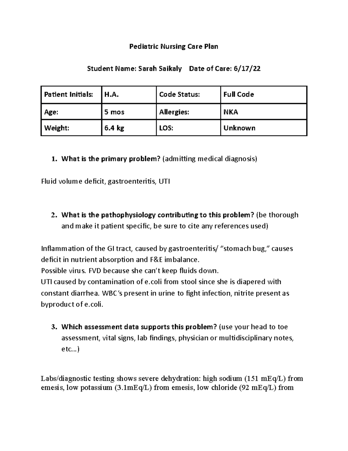 Pediatric Care Plan - care plan - Pediatric Nursing Care Plan Student ...