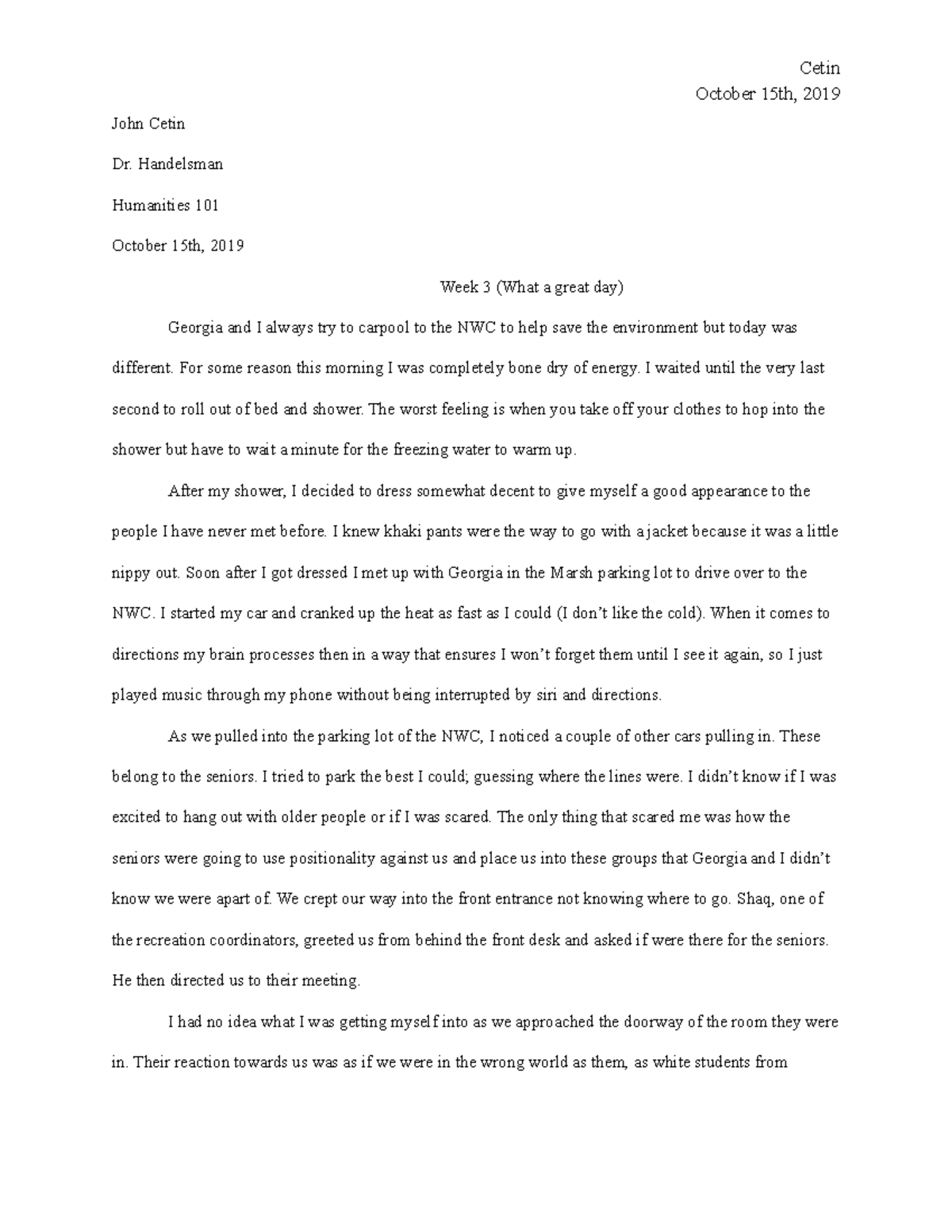 Humanities 101 Reflection Week 3 - Cetin October 15th, 2019 John Cetin ...
