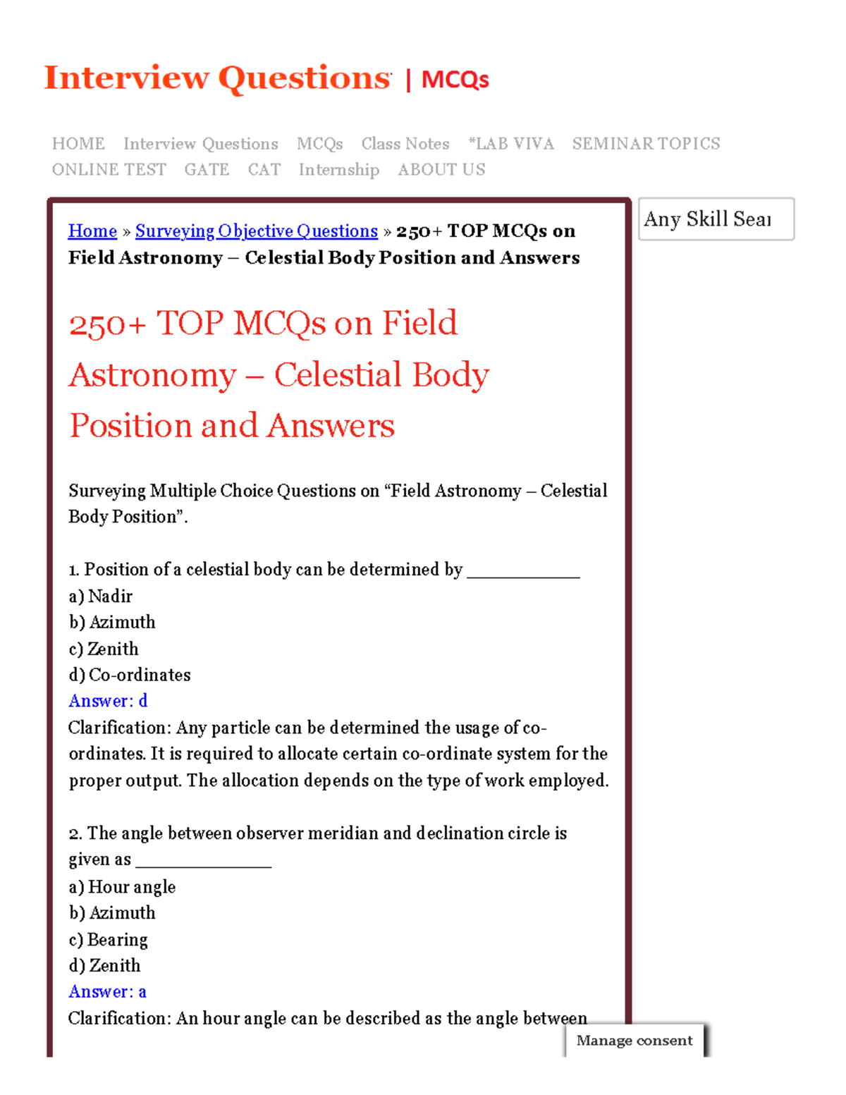 250+ TOP MCQs on Field Astronomy – Celestial Body Position and Answers 2022 - Position of a ...