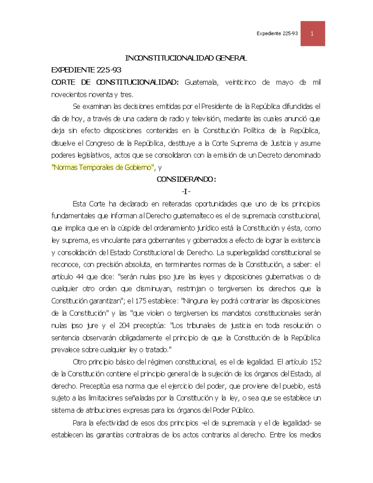 Normas temporales de Gobierno CC Exp. 225-93 - INCONSTITUCIONALIDAD GENERAL EXPEDIENTE 225 ...