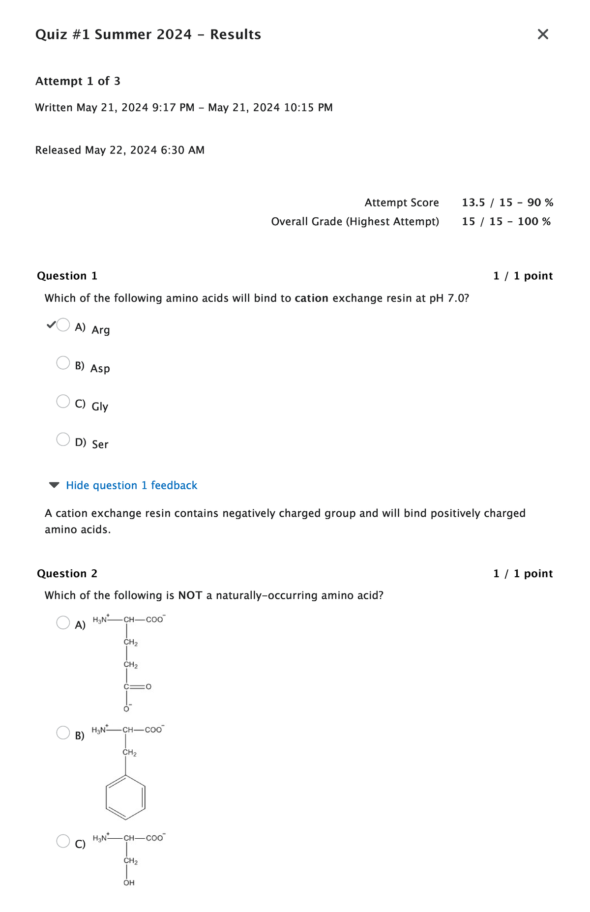 BIOC 2580 Quiz 1 Attempt 1 - Quiz #1 Summer 2024 - Results Attempt 1 of ...