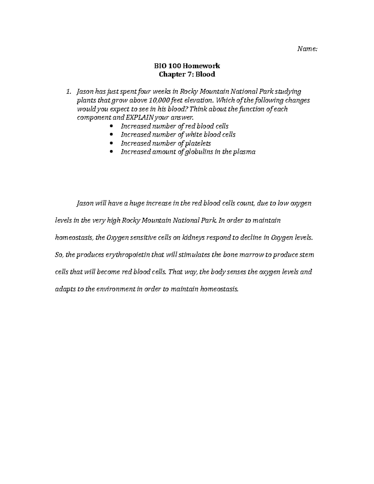 Blood Homework - Assignment. - Name: BIO 100 Homework Chapter 7: Blood ...