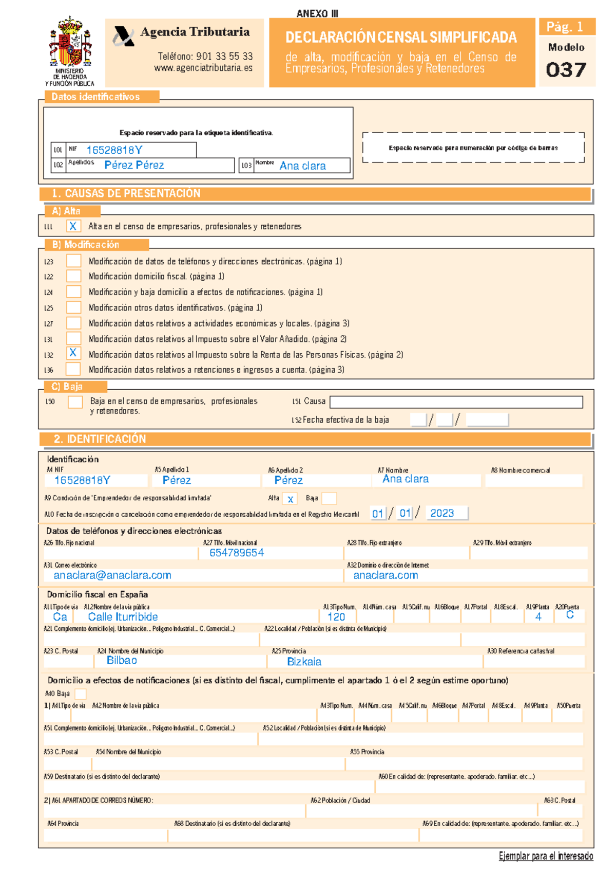 Anexo III - Modelo 037 - hjjhf - Datos identificativos Espacio ...