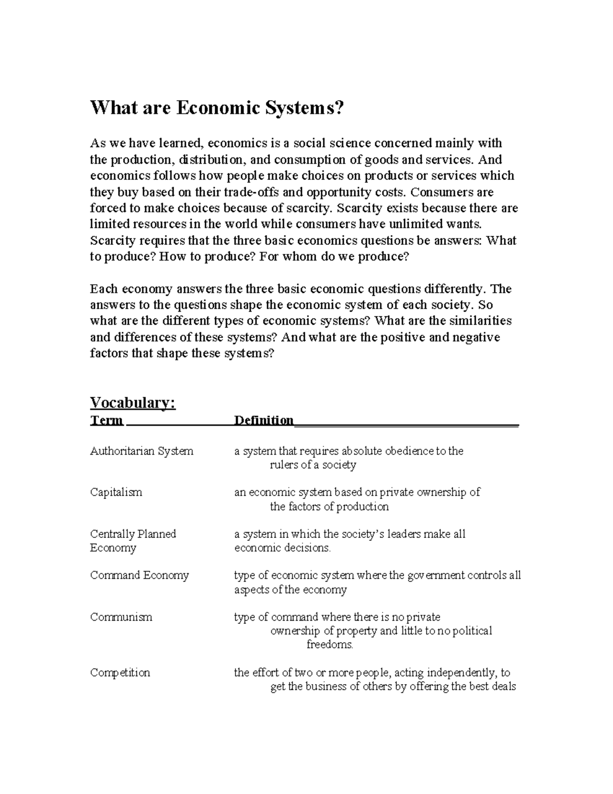 Economics Typesof Economic Systems Readingand Questions-1 - What are ...