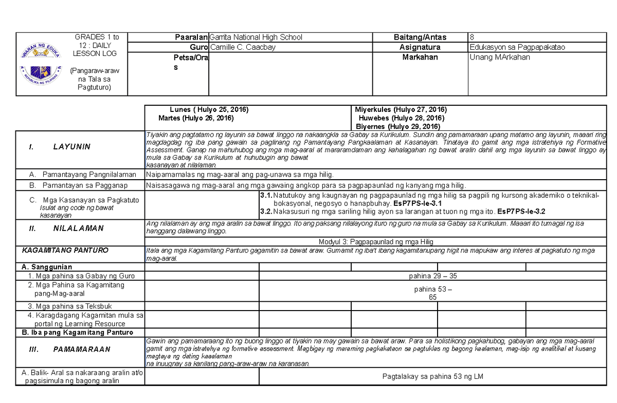 Daily lesson log esp 7 1st quarter - GRADES 1 to 12 : DAILY LESSON LOG ...