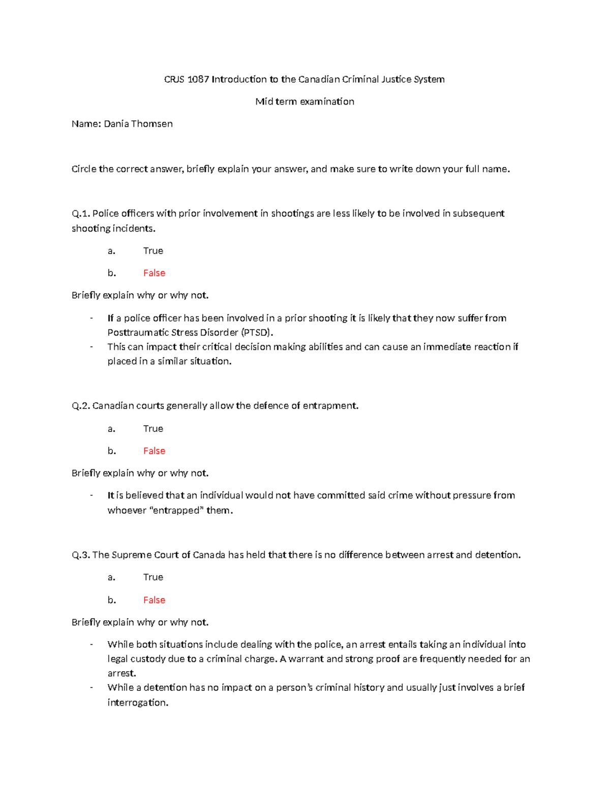 Intro To CJ 2023Midterm Exam - CRJS 1087 Introduction to the Canadian ...