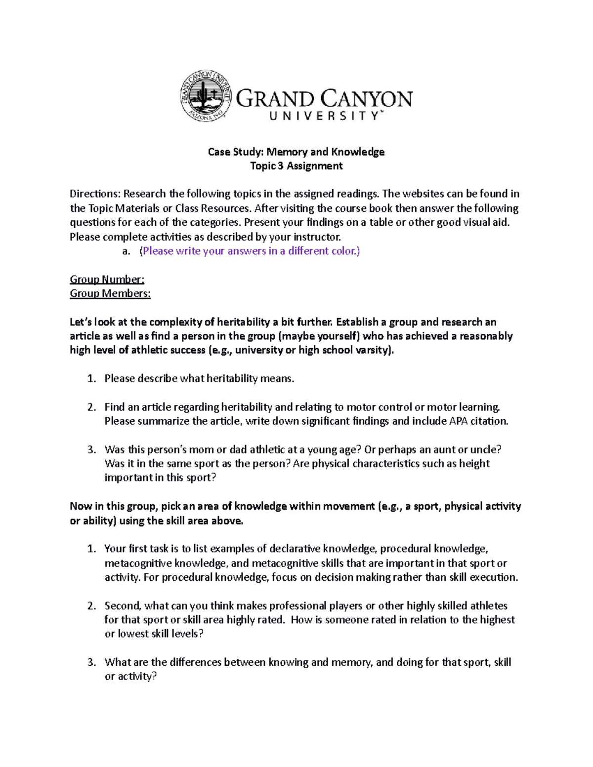 Case Study Memory and Knowledge - Case Study: Memory and Knowledge Topic 3 Assignment Directions ...